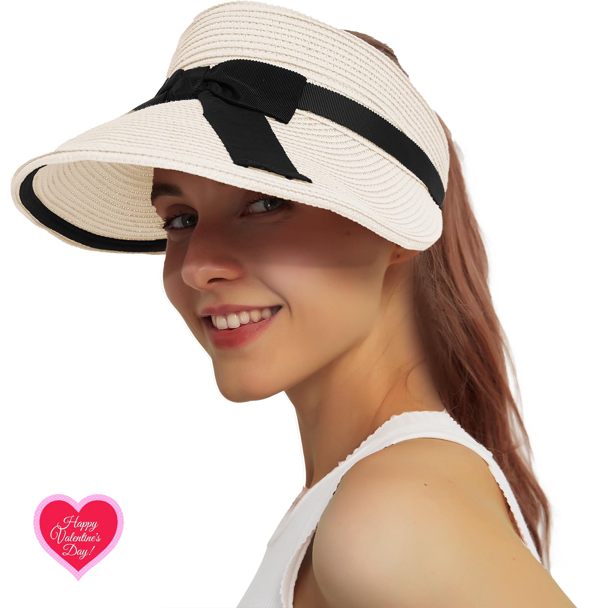 ProtectX Women's Sun Visor Hats, Wide Brim Straw Beach Cap Ponytail Hat ...