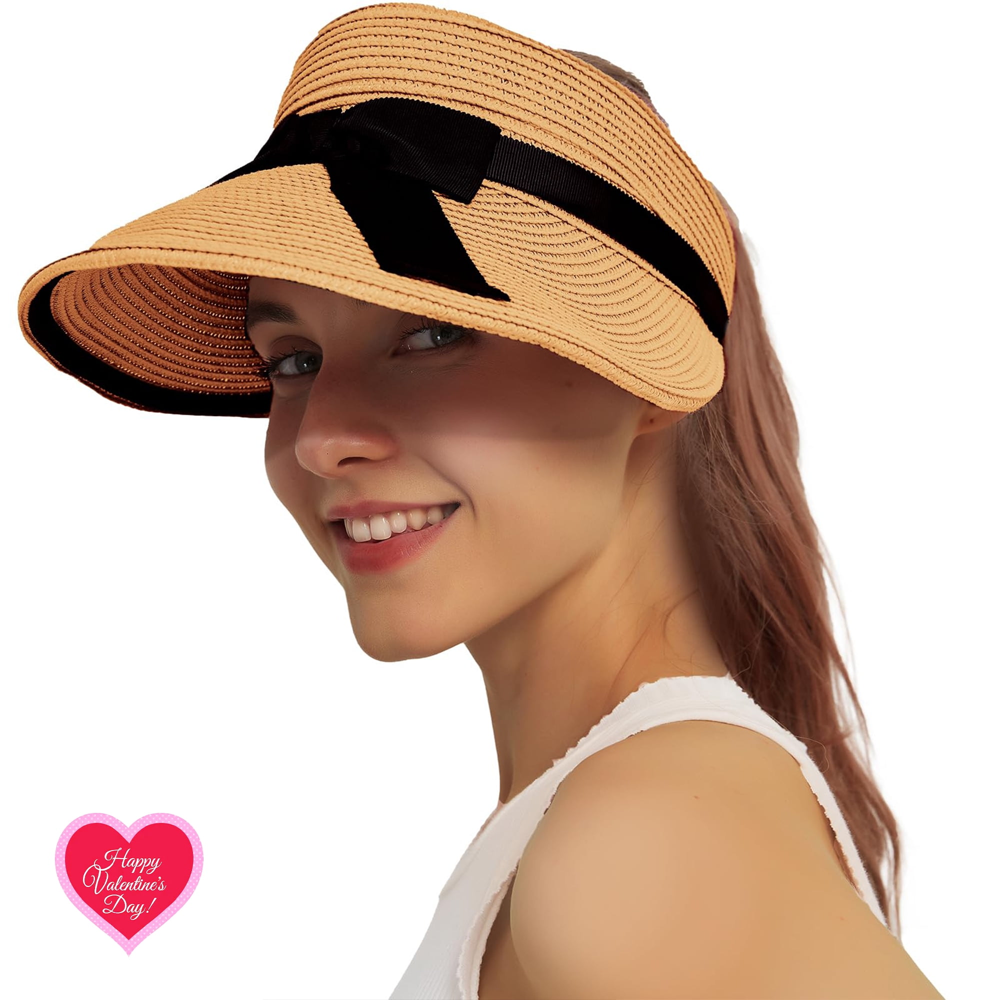 ProtectX Women's Sun Visor Hats, Wide Brim Straw Beach Cap Ponytail Hat ...