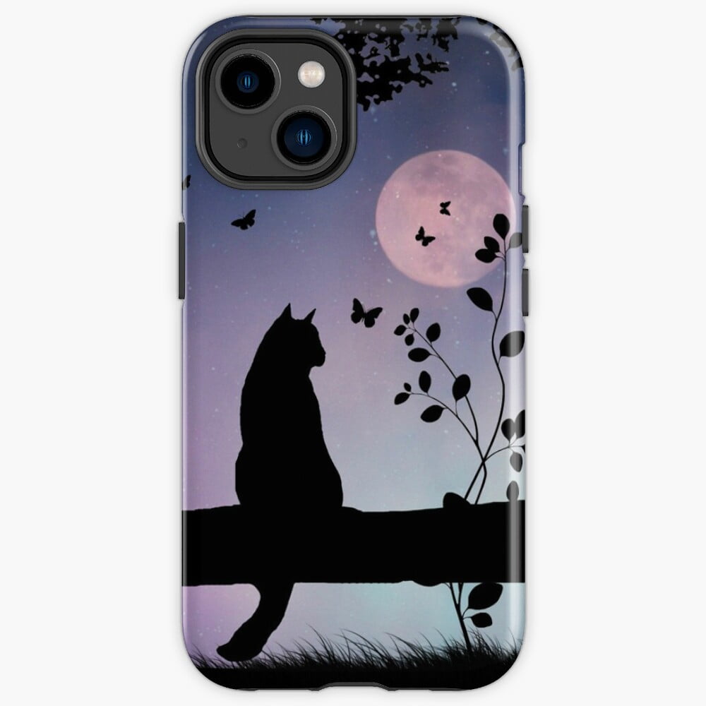 Protective iPhone Case Cute Cat And Butterflies In Full Moon Phone Case ...