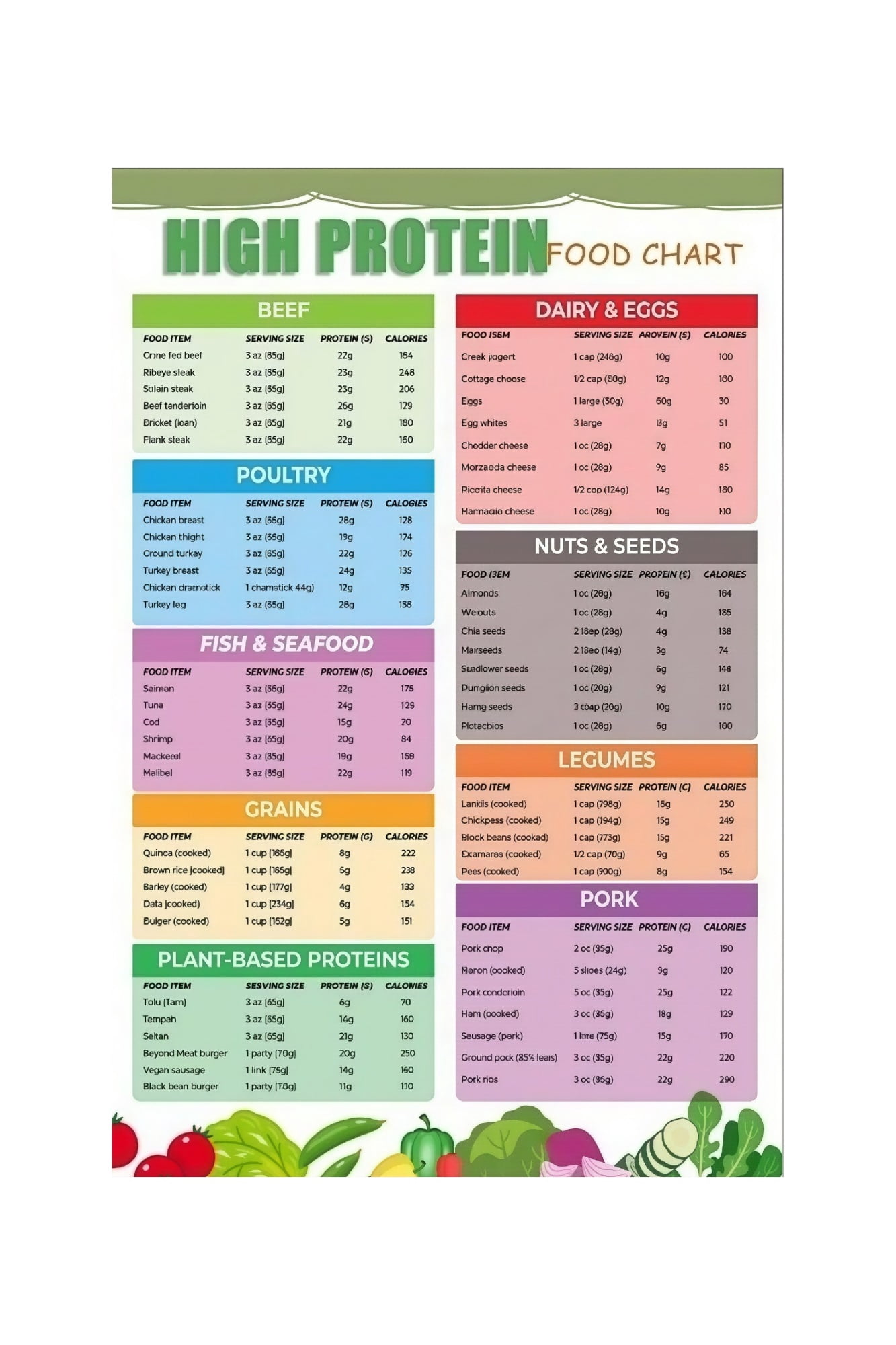 Protein Cheat Sheet Poster Quick Reference Guide High Protein Foods ...
