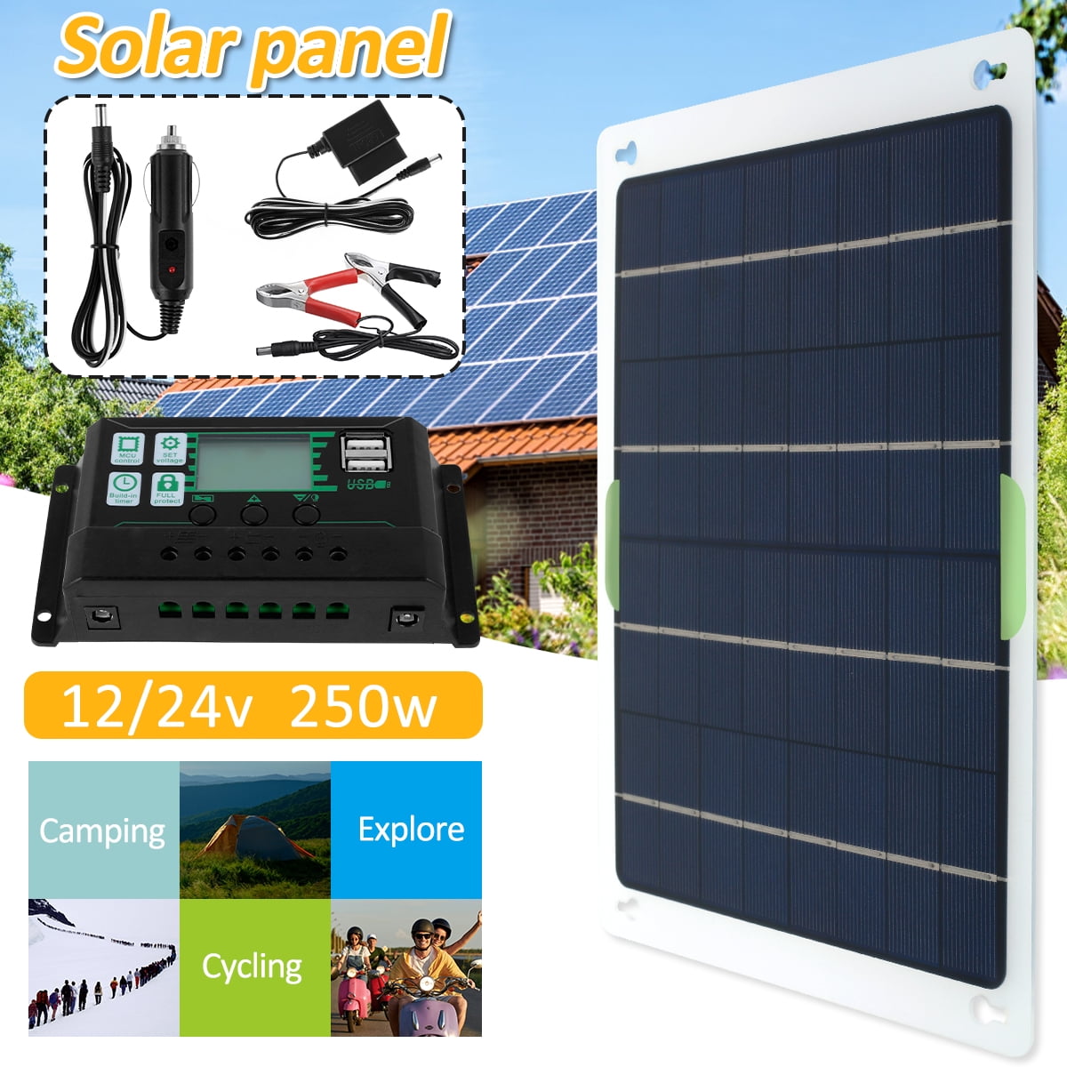 Protoiya 250W Solar Panel 12V/24V Solar Cell Solar Charger IP65 ...