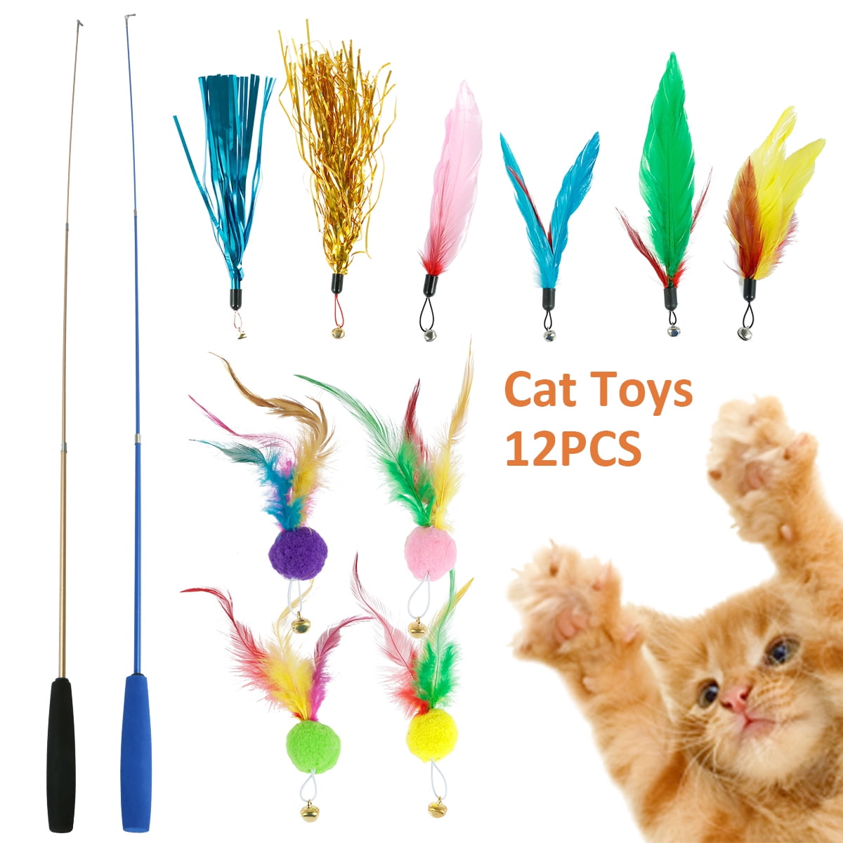 Protoiya 2Pcs Cat Wand Toys Interactive Cat Feather Wand 39inch ...