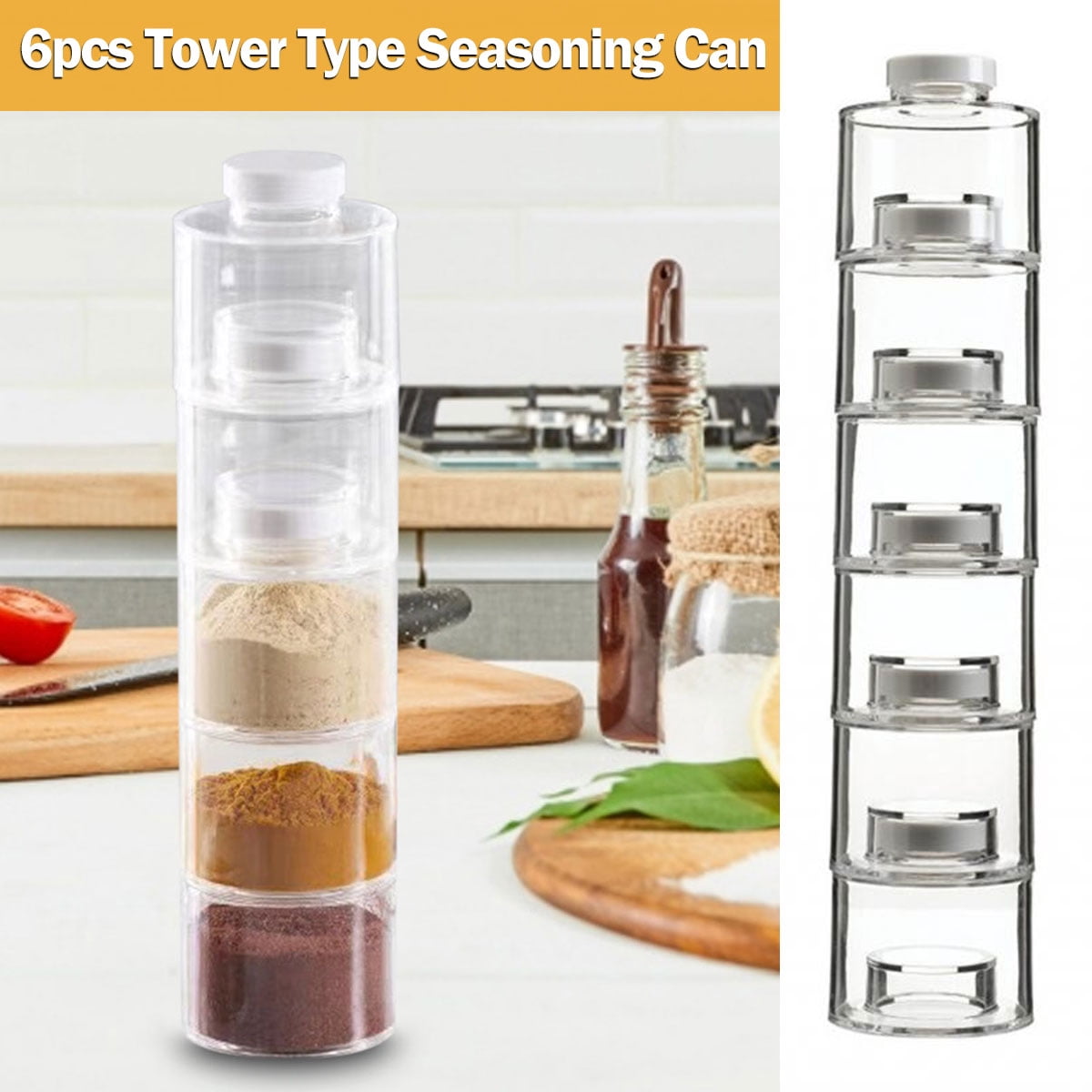 Protoiya Kitchen Set: 6pcs Tower Type Seasoning Jars, Stackable Spice ...