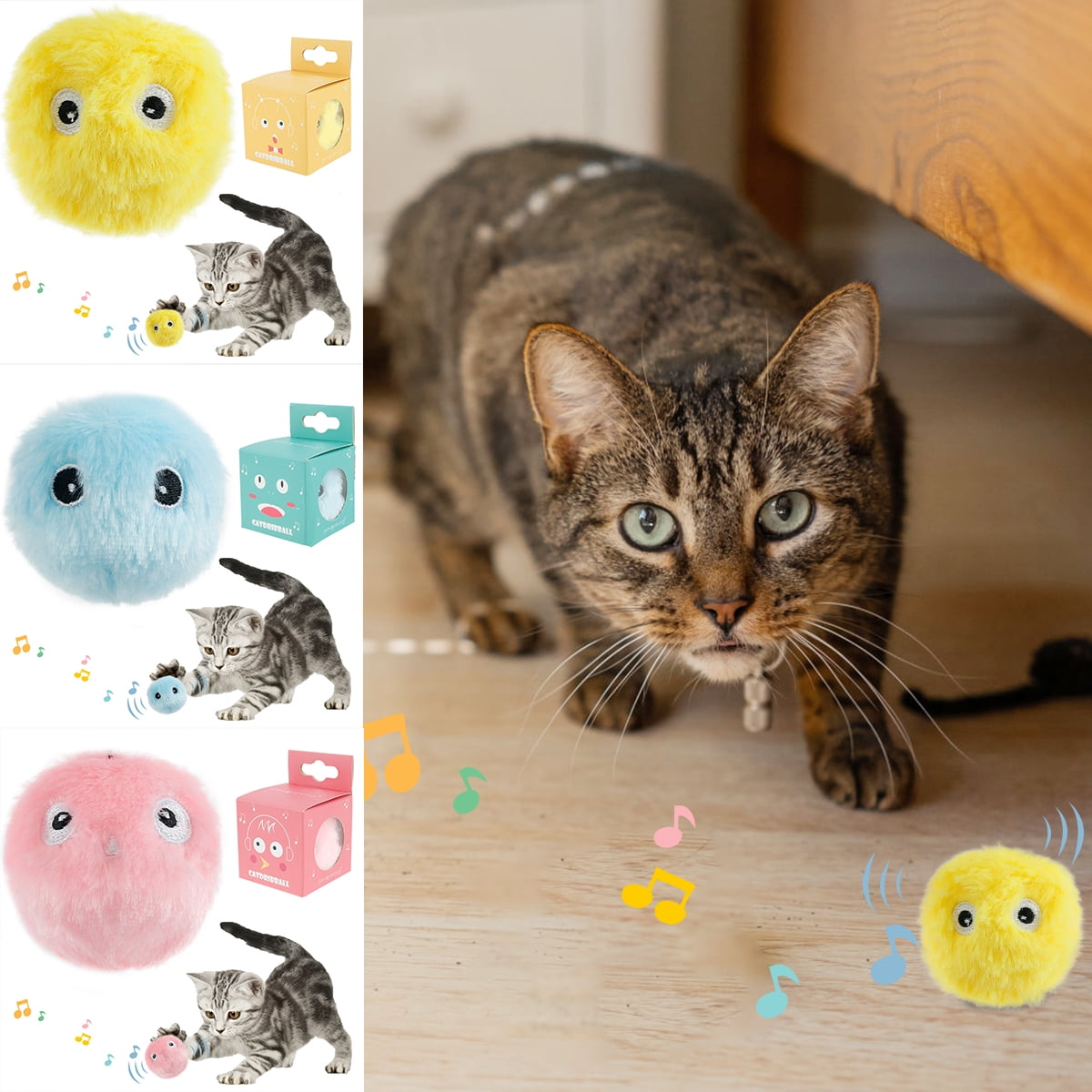Protoiya Fluffy Plush Cat Toy Balls,for Indoor Cats, 3 Pack Adorable ...