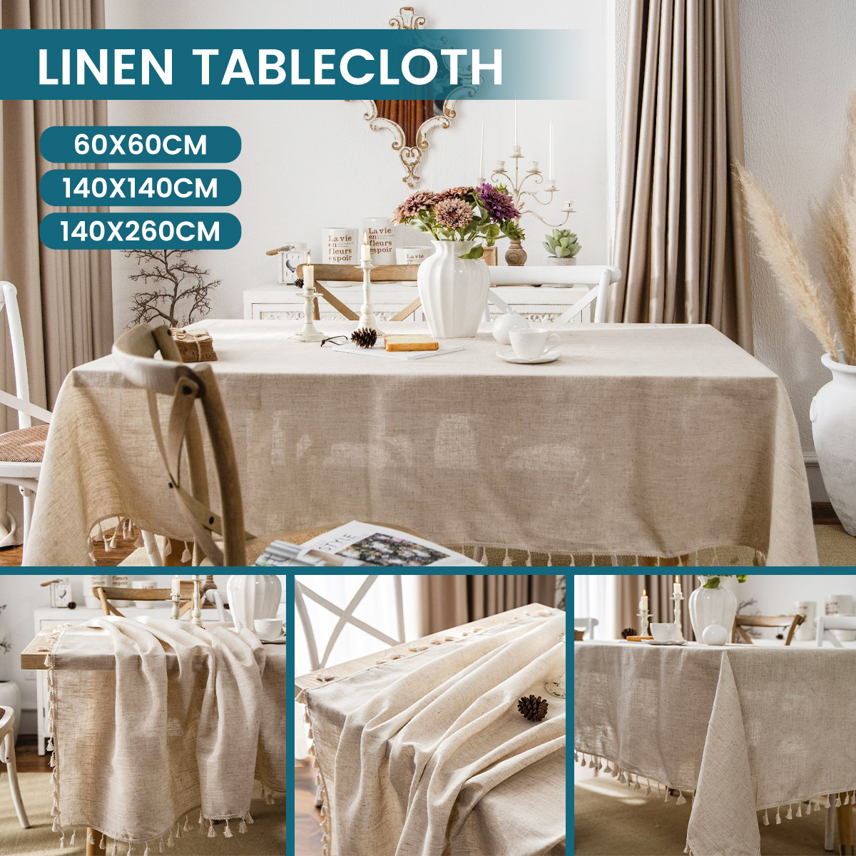 Protoiya Linen Tablecloth,Tassel Linen Polyester Tablecloth Burlap ...