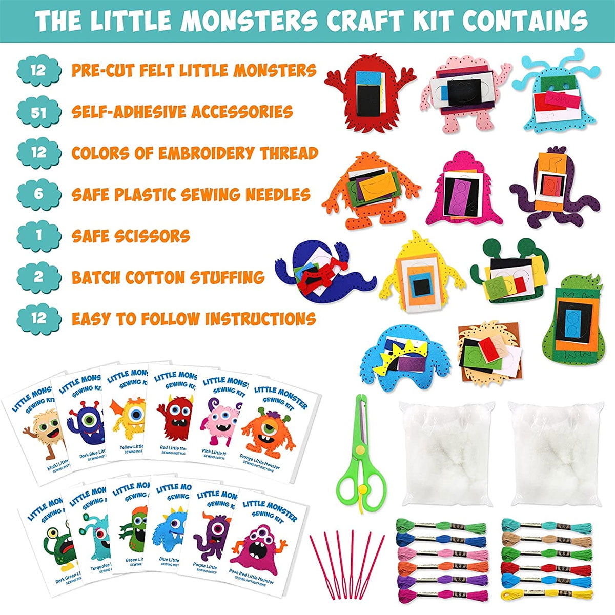 Protoiya Sewing Kit for Kids Monster DIY Art Craft Felt Set Animals ...