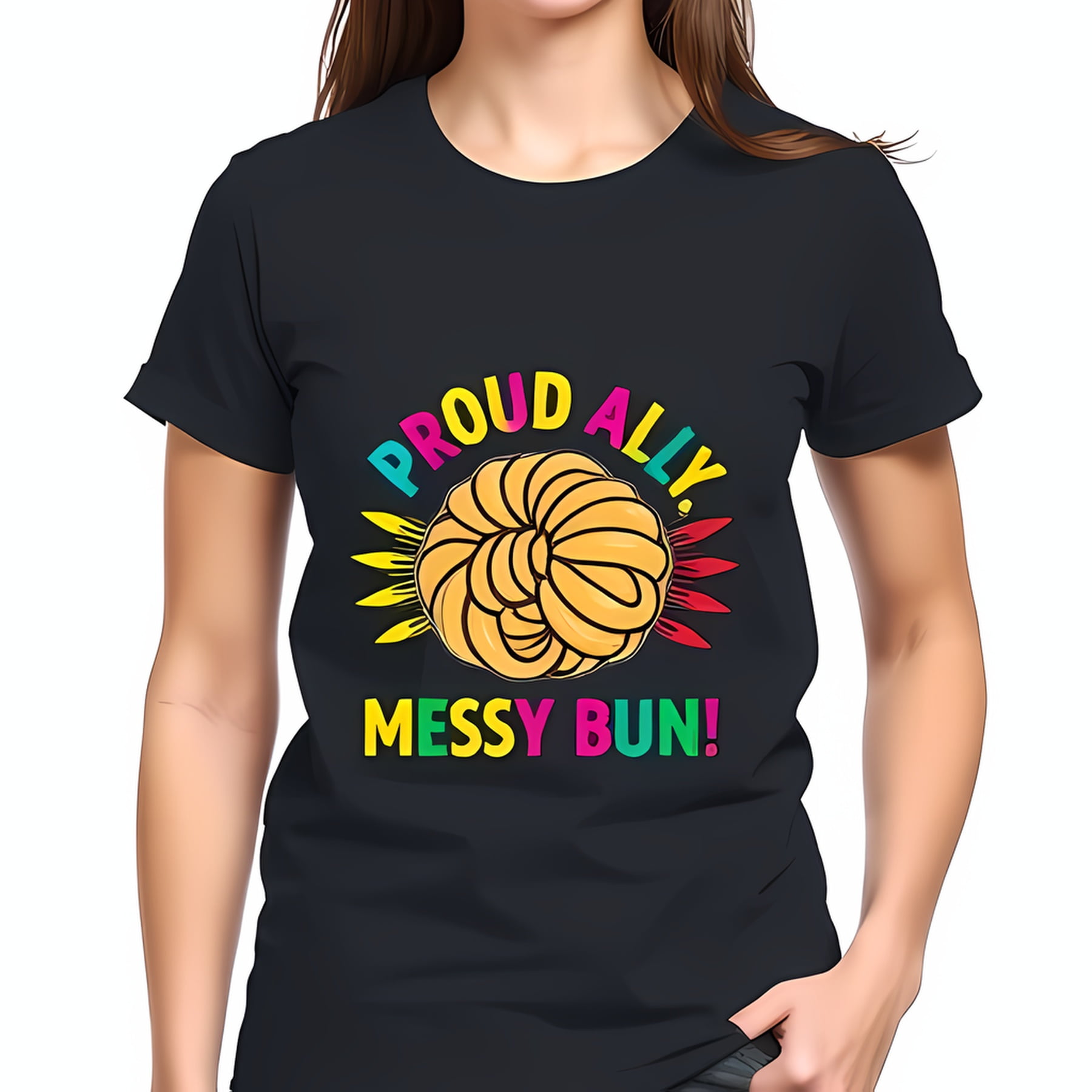 Proud Ally Messy Bun T-Shirt - Vibrant Rainbow Design for Inclusivity ...