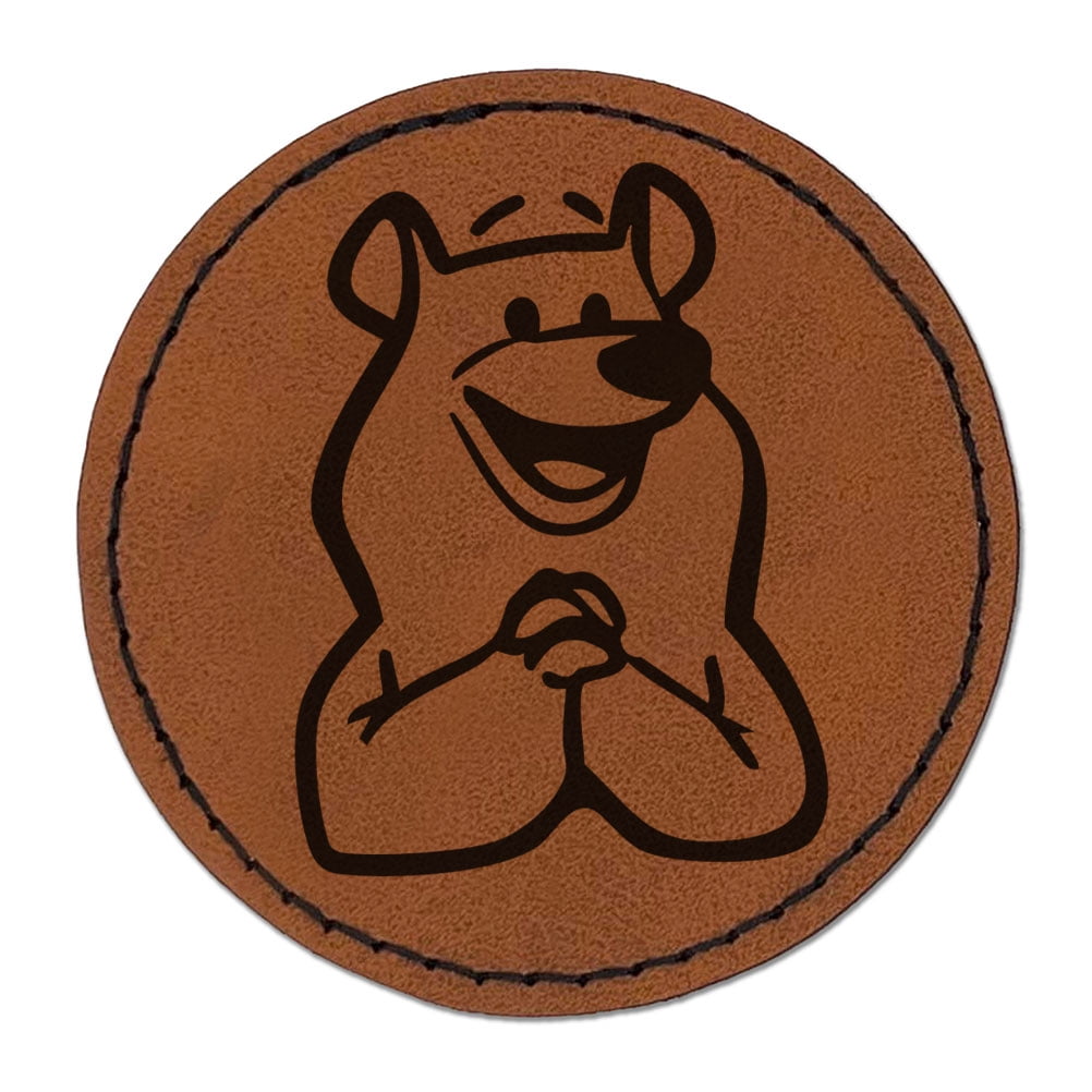 Proud Cartoon Bear Smile Beaming Round Iron-On Engraved Faux Leather ...