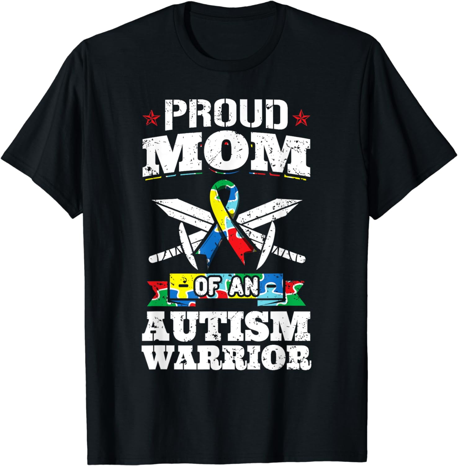 Proud Mom Of An Autism Warrior Autistic Awareness Ribbon T-Shirt ...