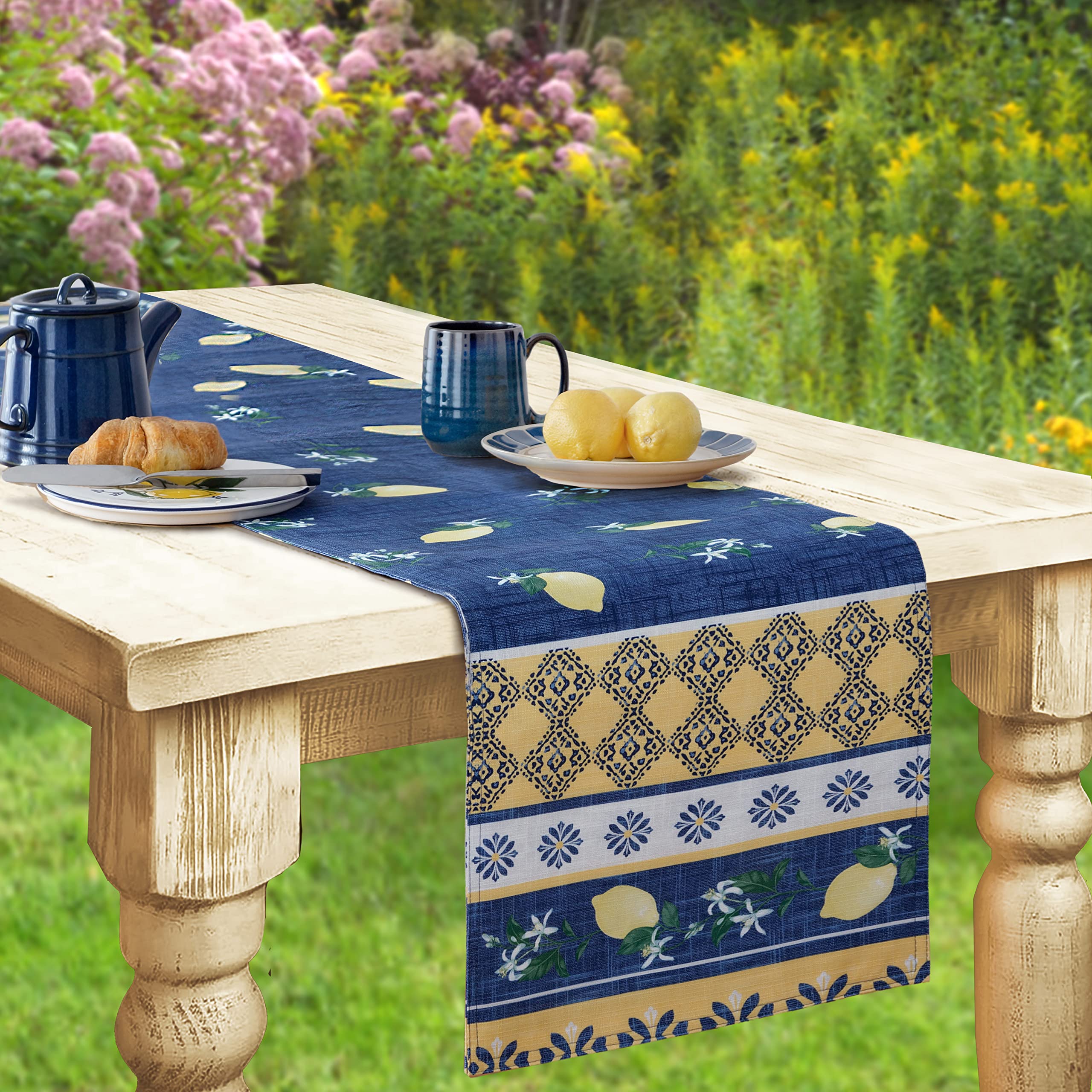 Provence Blue Lemon Mediterranean Garden Fabric Table Runner - Indoor ...