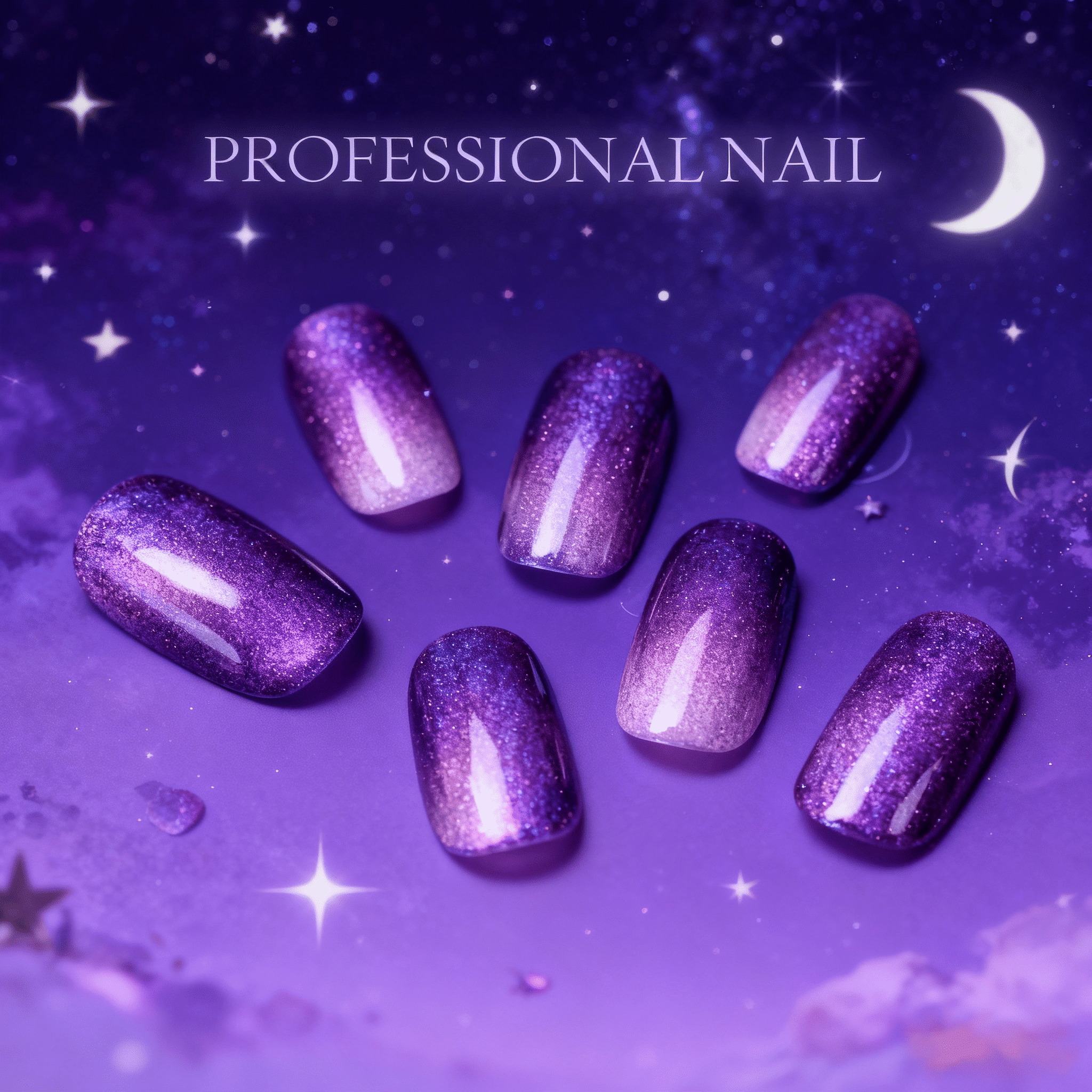 Squoval Short Provocative Purple Starry Cat's Eye Press-on Nails ...