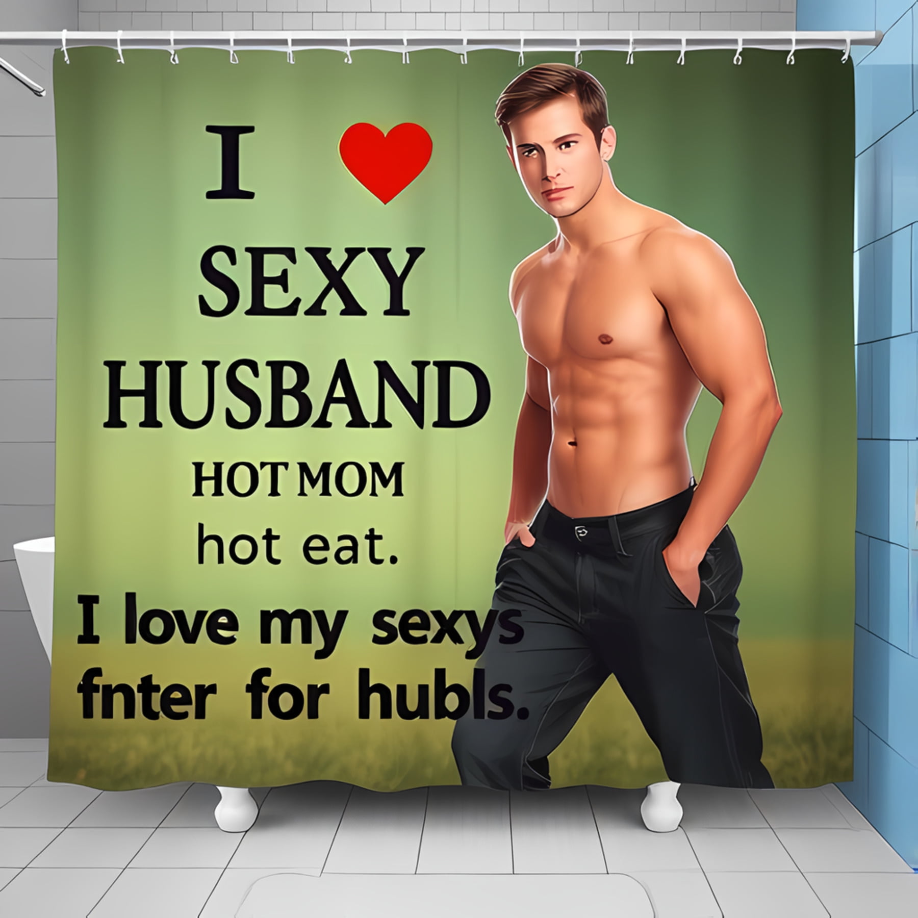 Provocative Shower Curtain with Muscular Man Design - 'I ♥ SEXY HUSBAND' & Humorous Phrases for ...