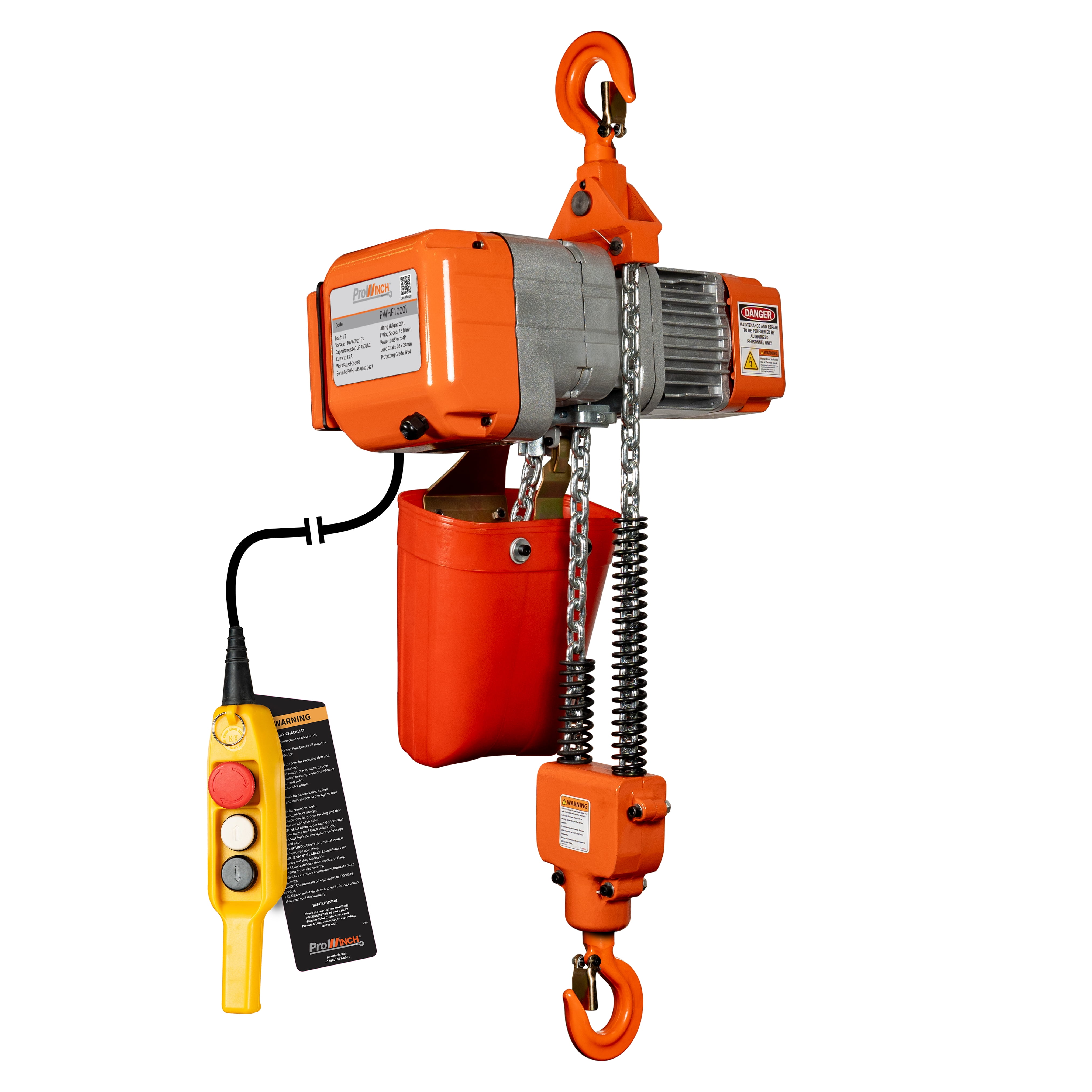 Prowinch 1 Ton 2200 lb 220V 1 Speed Electric Chain Hoist 20 ft. G80 ...
