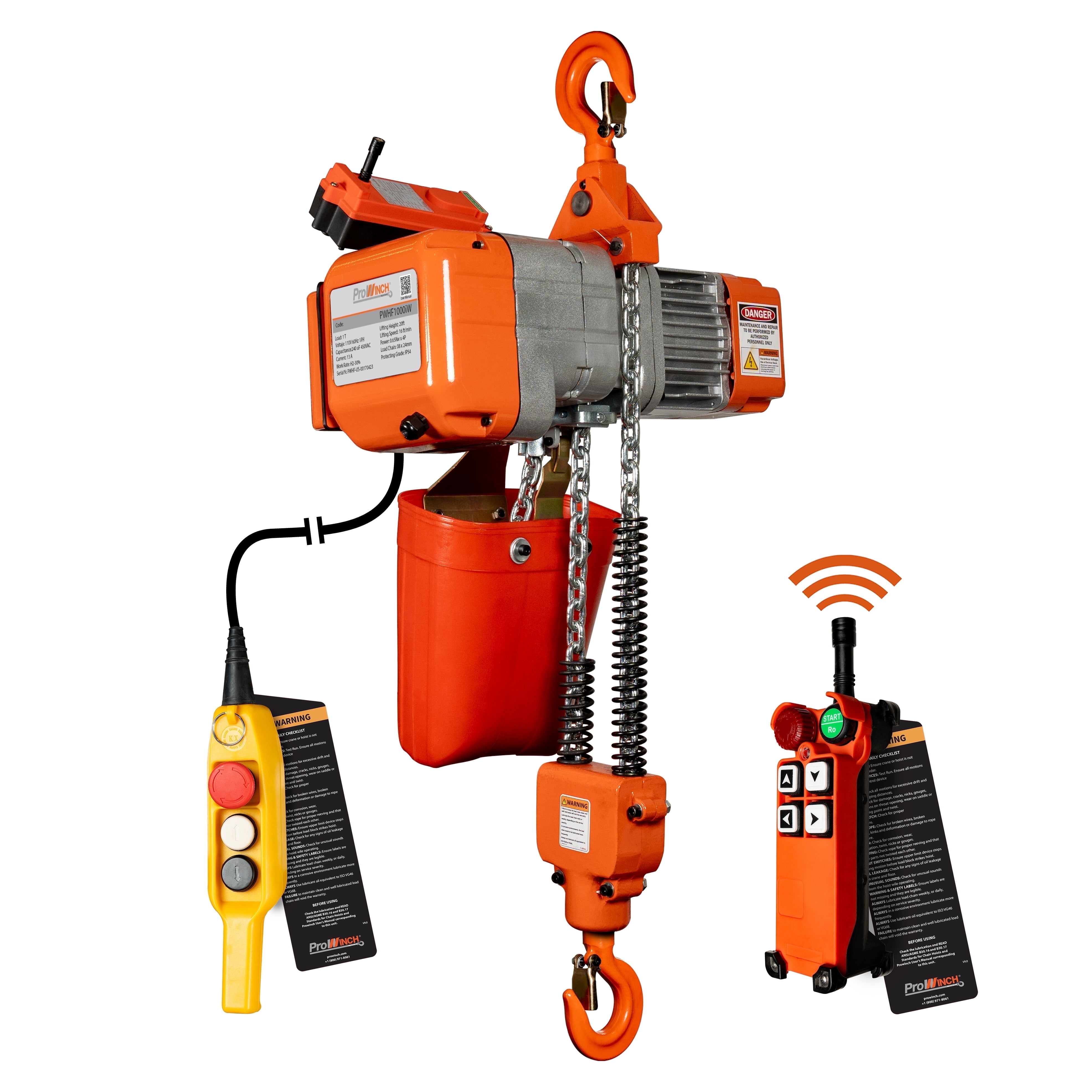 Prowinch 1 Ton Electric Chain Hoist with Hook, 20 ft G80 Chain, 1-Speed ...