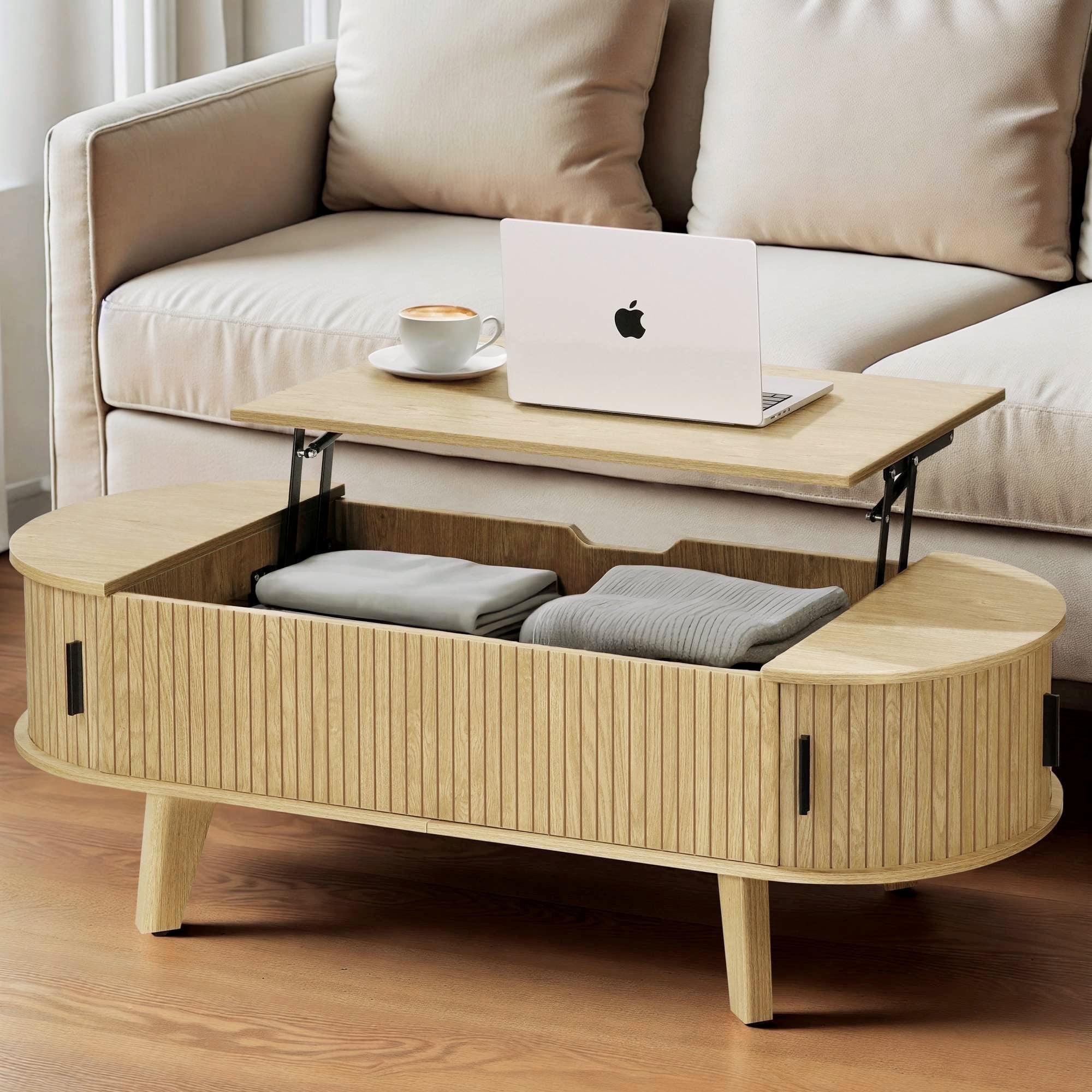 Putuo Decor 47.2" Oval Lift-Top Coffee Table with Storage, Fluted ...