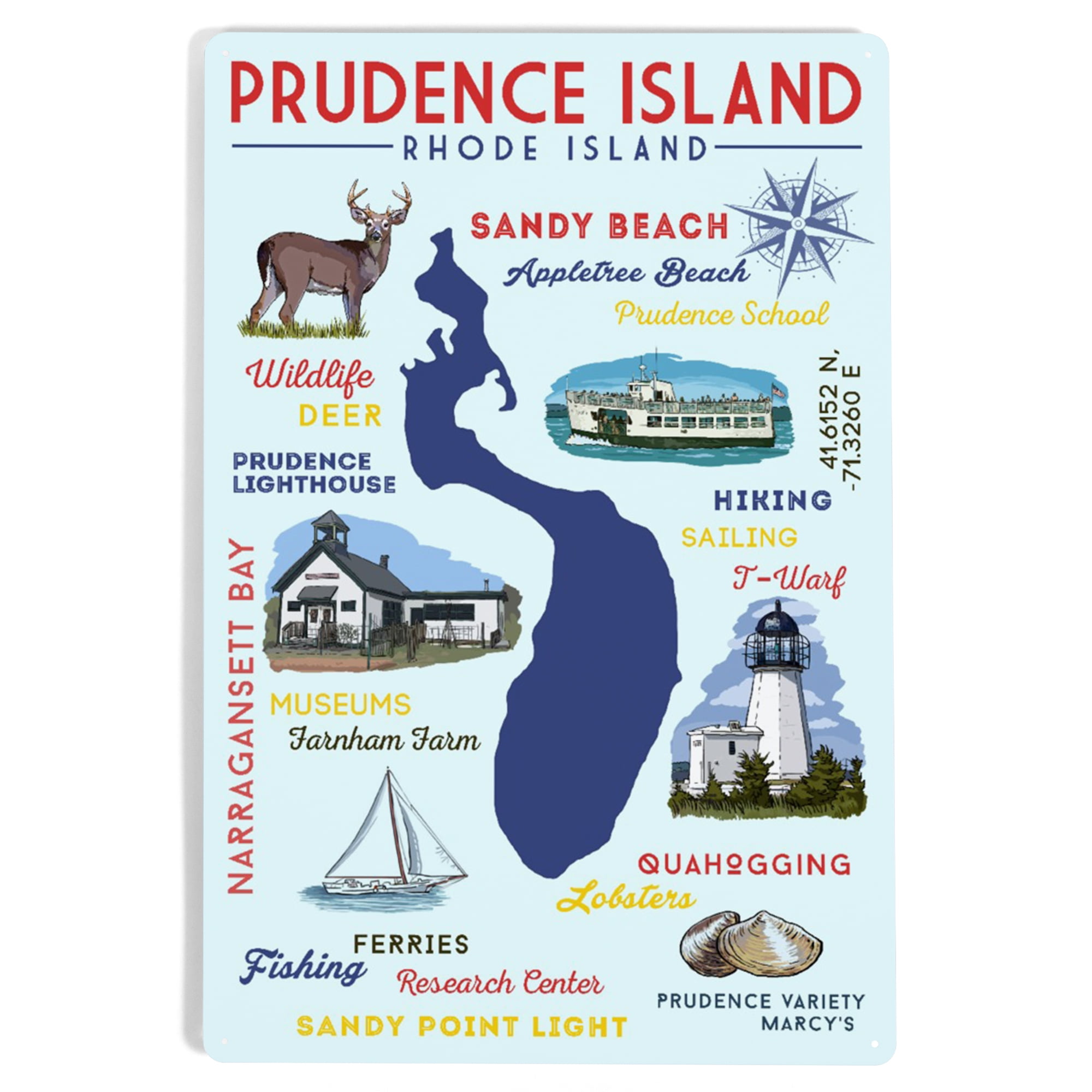 Prudence Island, Rhode Island, Typography and Icons (12x18 Aluminum Art ...