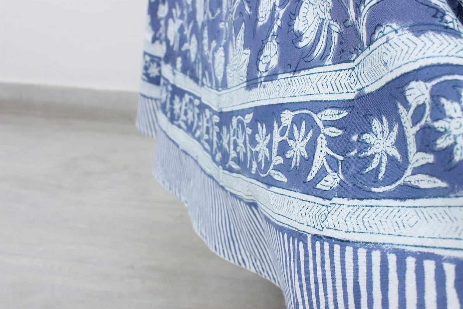 Prussian Blue and White Indian Floral Block Printed Cotton Cloth Round ...