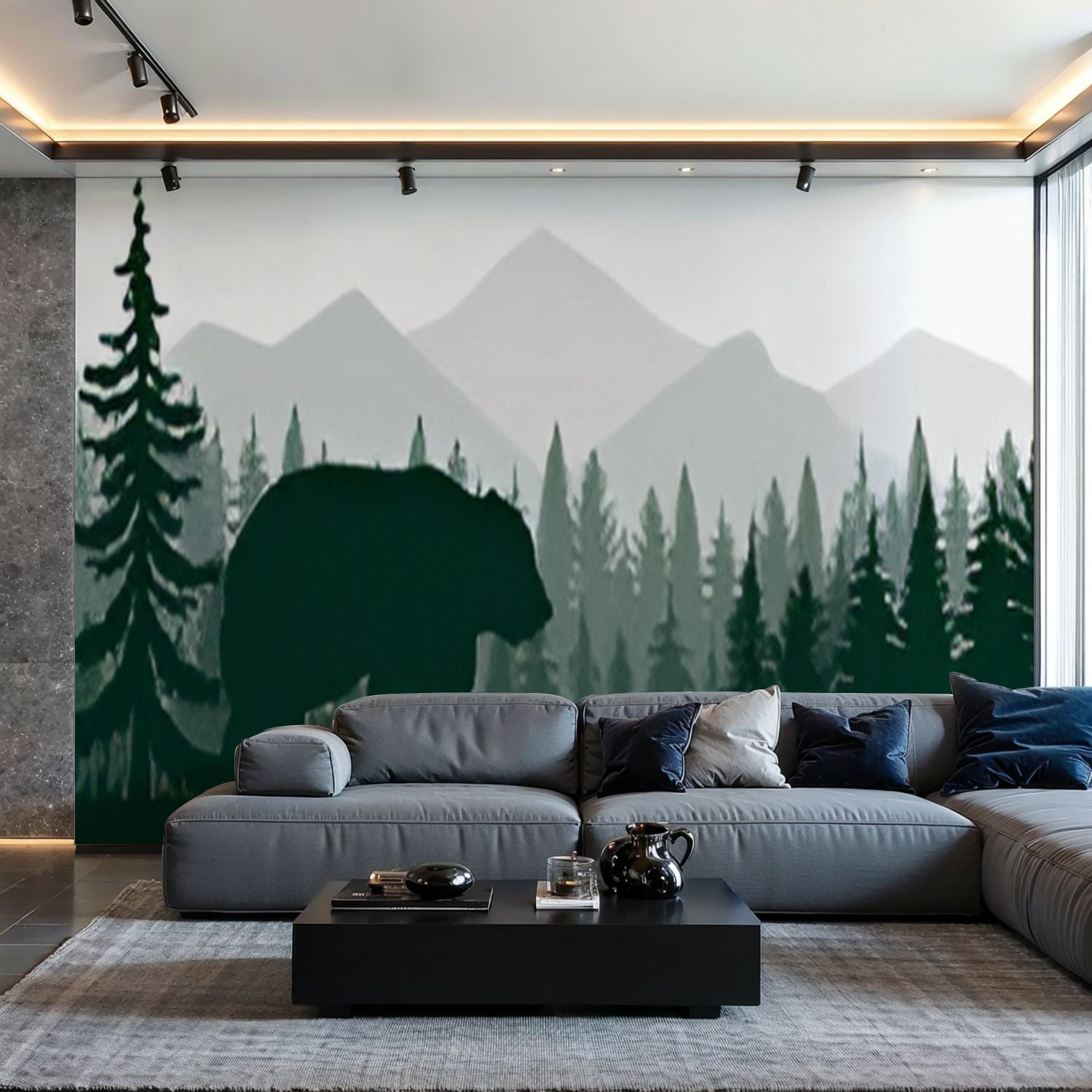 Prxcm Peel And Stick Canvas Wallpaper Landscape Bear Silhouette Forest ...