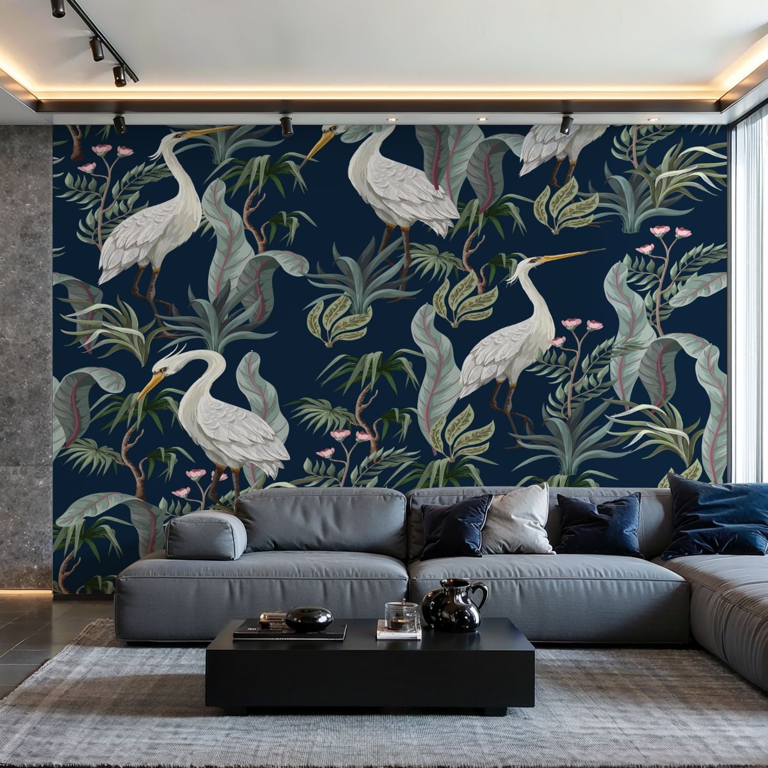 Prxcm Peel and Stick Canvas Wallpaper Seamless pattern chinoiserie style herons birds peonies ...