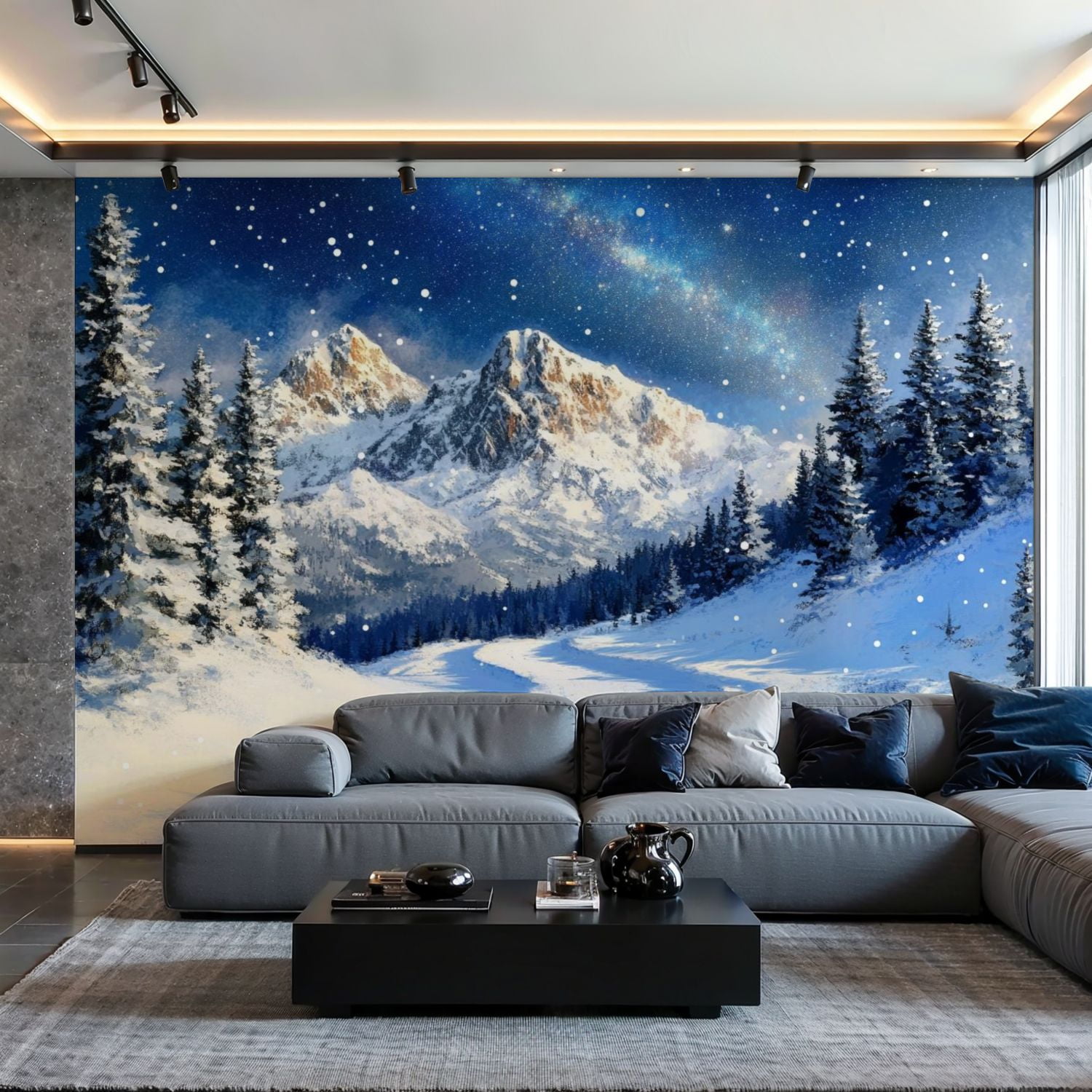 Prxcm Peel and Stick Canvas Wallpaper Starry Sky Snow Mountain Pine ...