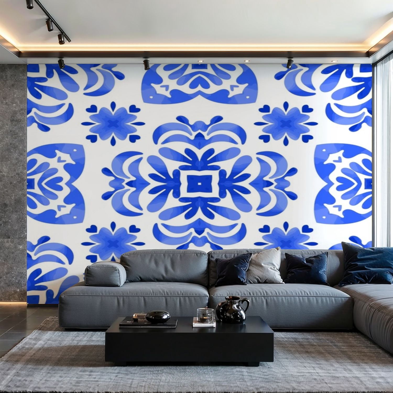 Prxcm Peel and Stick Canvas Wallpaper Watercolor blue damask tile ...