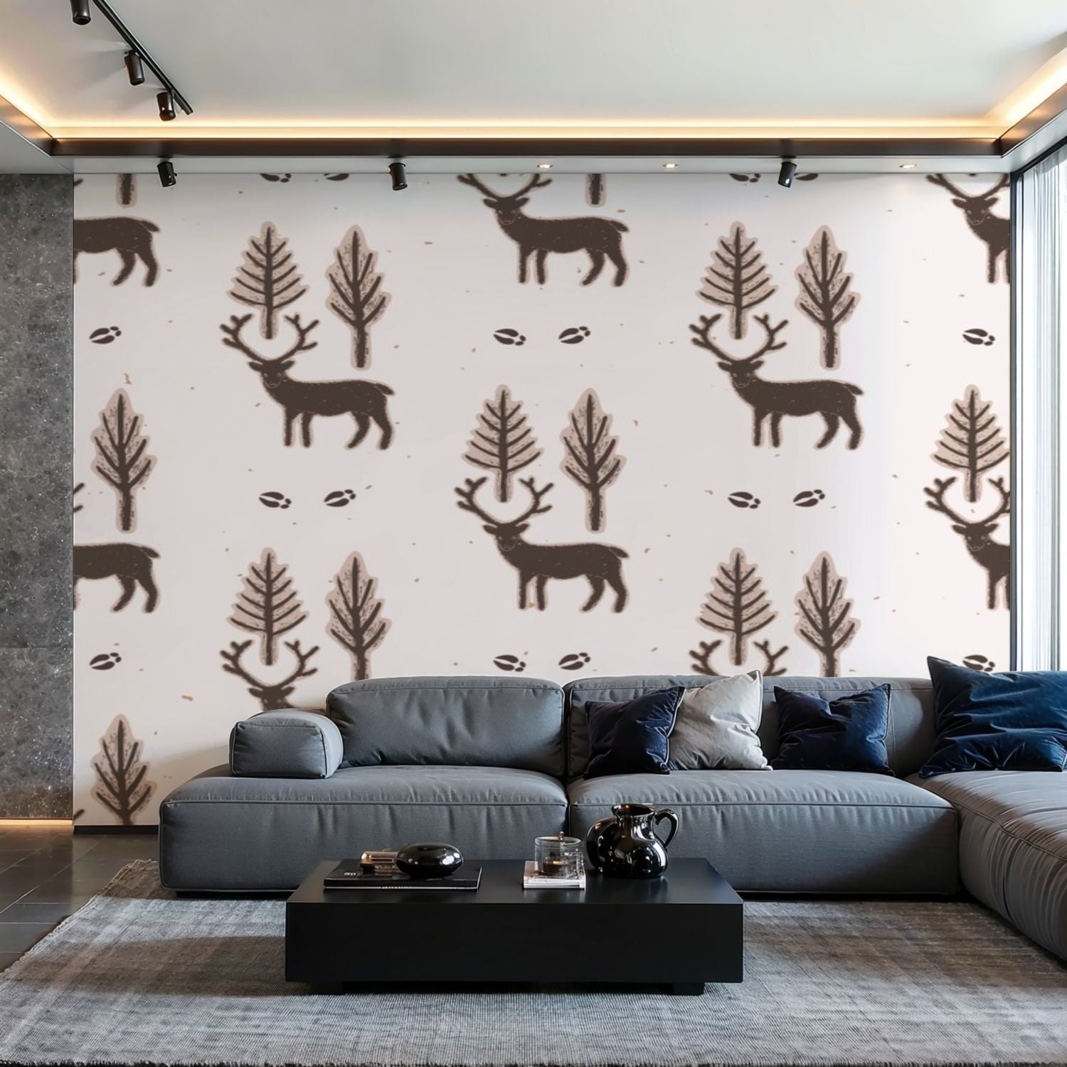 Prxcm Peel and Stick Canvas Wallpaper Winter Rustic Tree Reindeer Lino ...