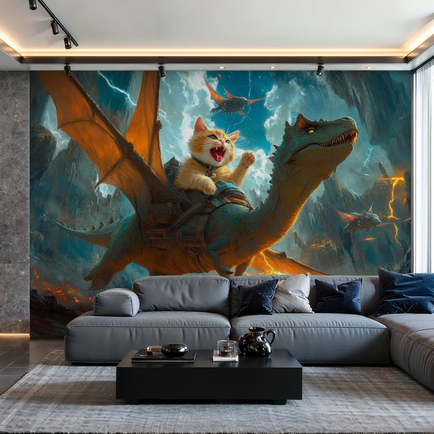 Prxcm Peel and Stick Canvas Wallpaper Funny Cat Riding Dinosaur Fantasy ...