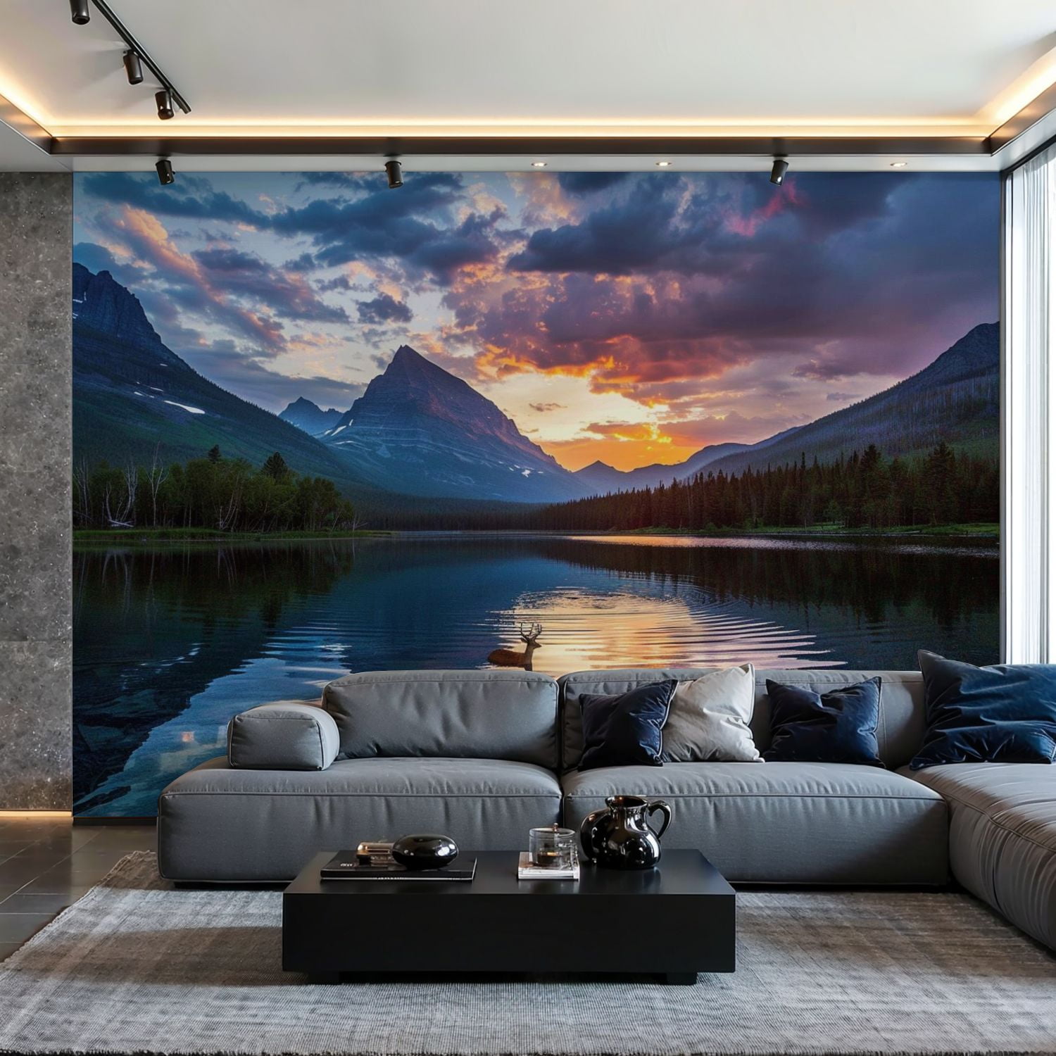 Prxcm Peel and Stick Canvas Wallpaper Mule Deer Wading Lake Sunset Art ...