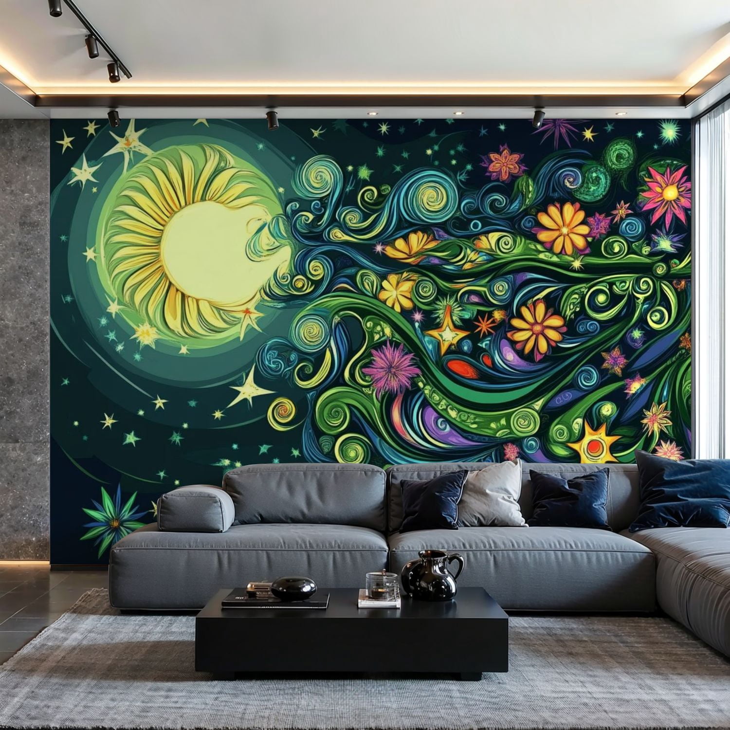 Prxcm Peel and Stick Canvas Wallpaper Sun Moon Mystic Floral Hippie ...