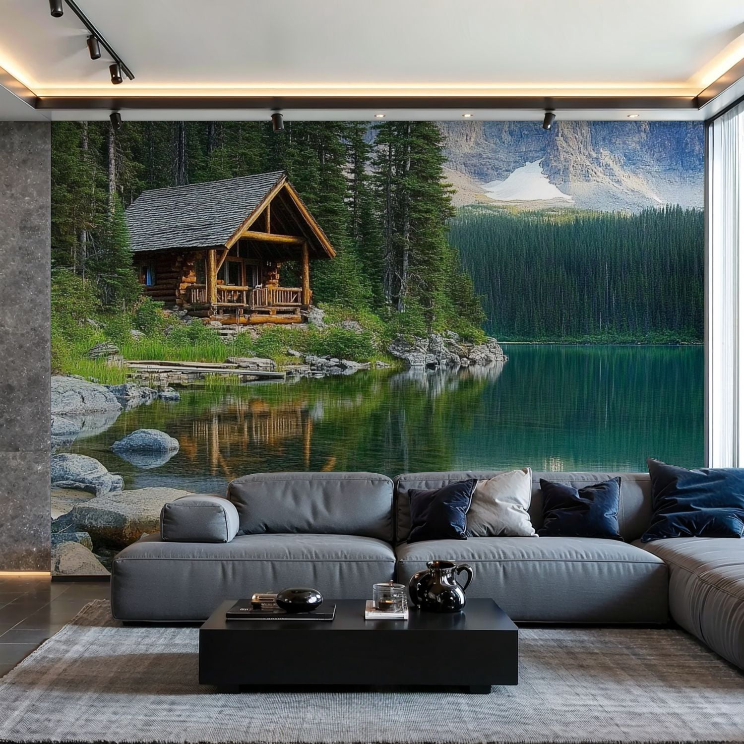 Prxcm Peel and Stick Canvas Wallpaper log cabin lake mountain lodge ...