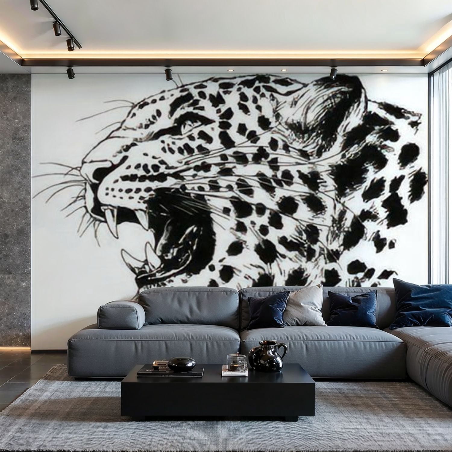 Prxcm Peel and Stick Canvas Wallpaper snarling leopard painted by white ...