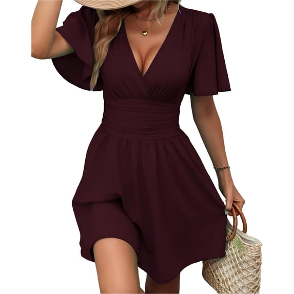 Pryla Flowy Short Summer Dress for Women Deep V-Neck Flutter Sleeve ...