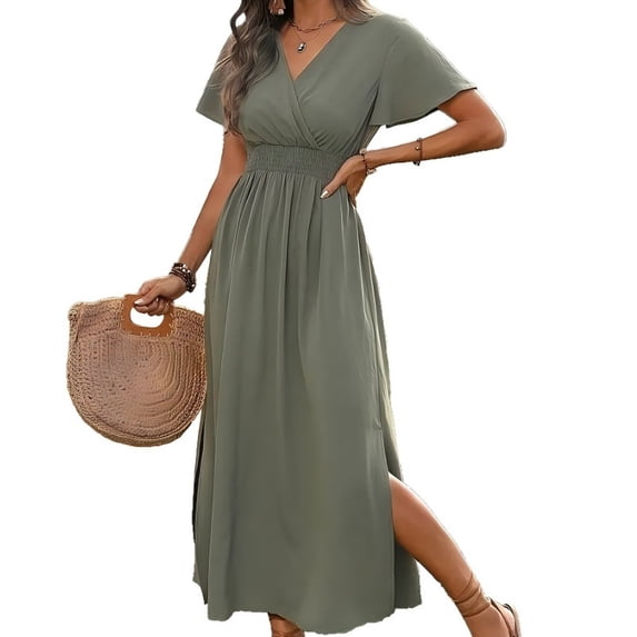 Pryla Women's Wrap Maxi Dress V-Neck Short Sleeve A-Line Long Dress ...