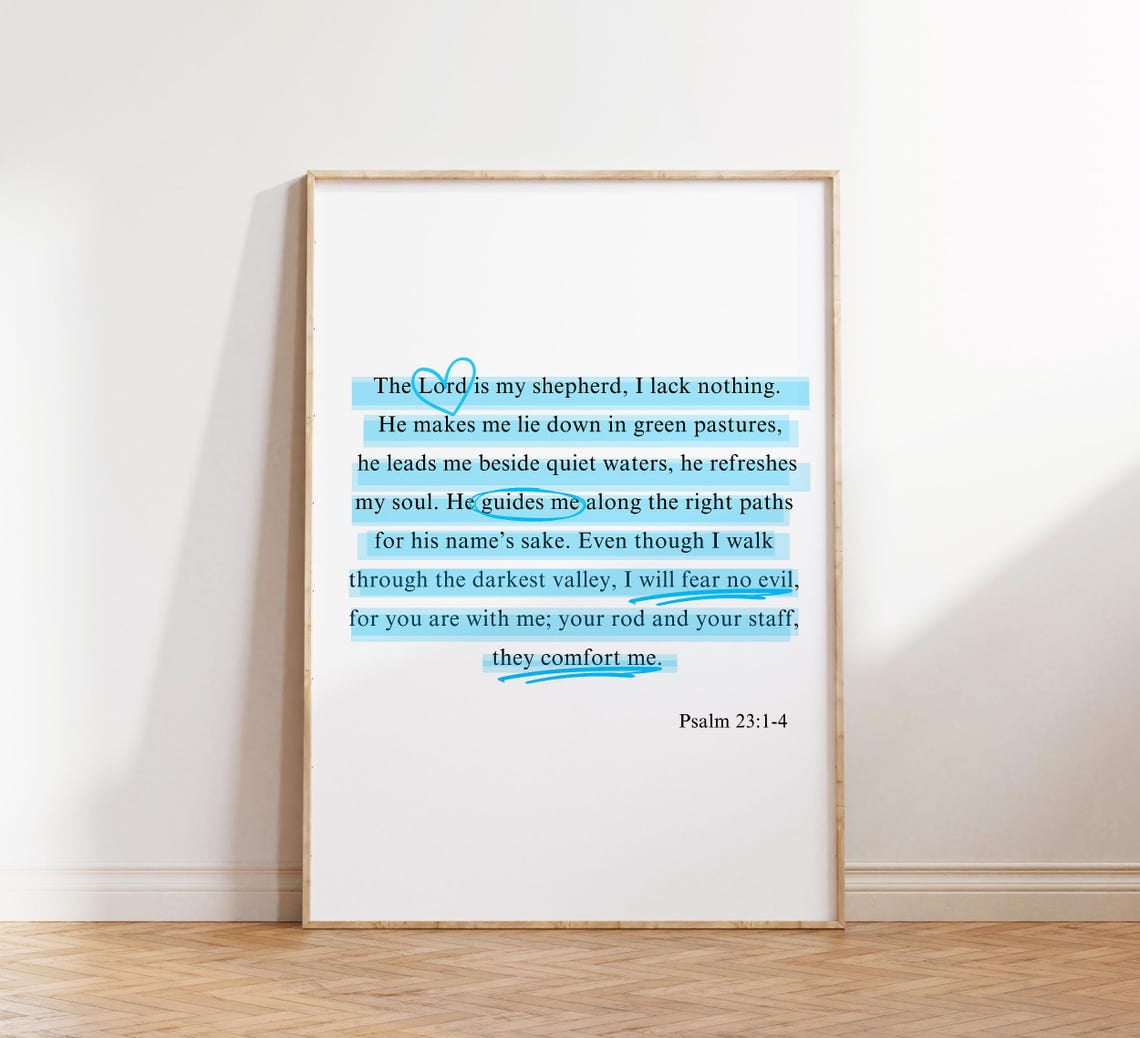 Psalm 23:1-4 Print, Trendy Christian Wall Art, Modern Scripture Wall ...