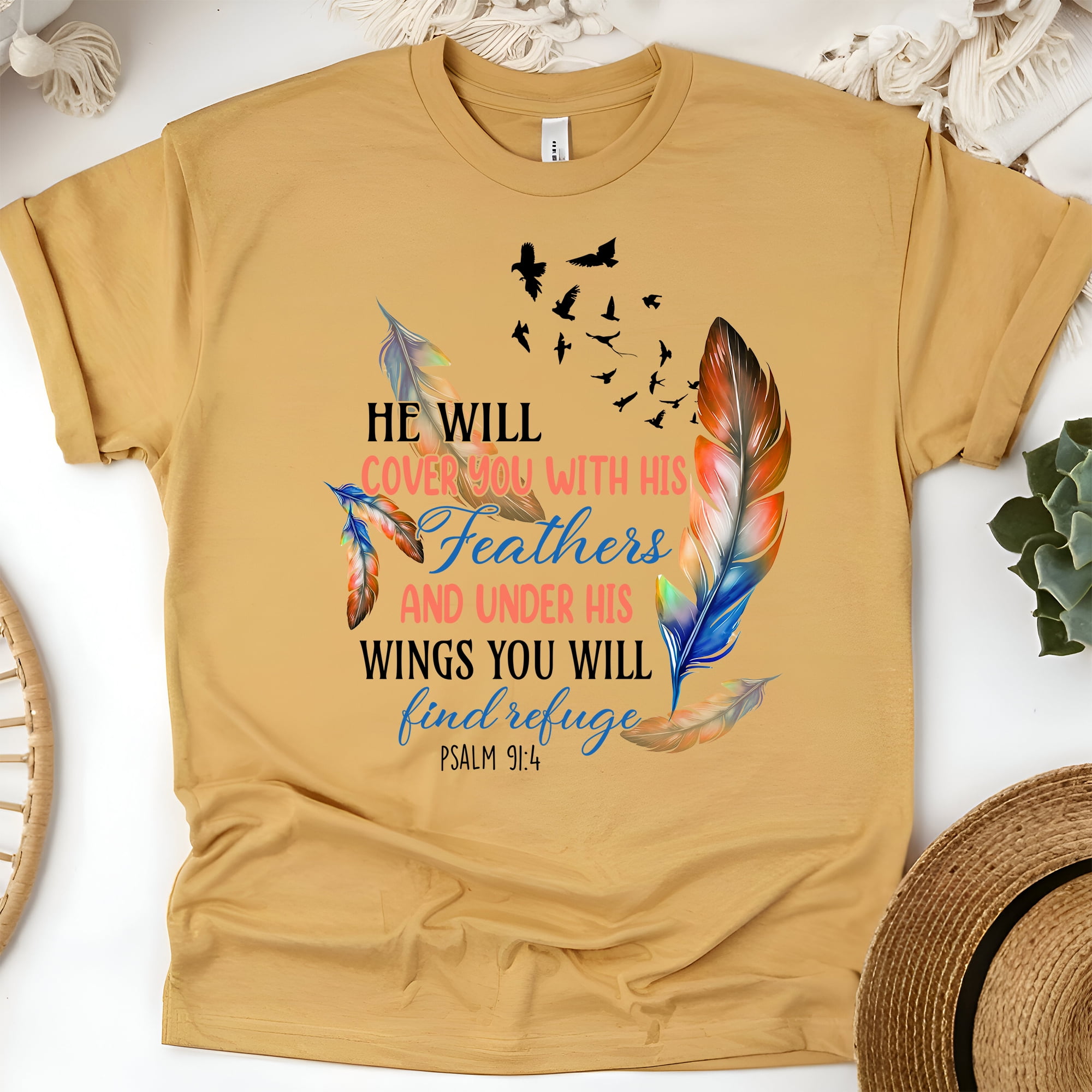 Psalm 91:4 Bible Verse Graphic T-Shirt with Feather and Bird Design ...
