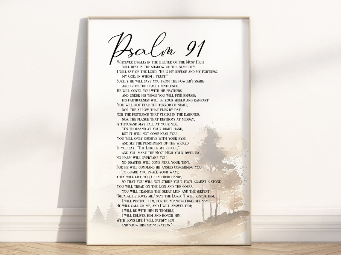 Psalm 91 Bible Verse Wall Art, Modern Christian Watercolor Neutral ...