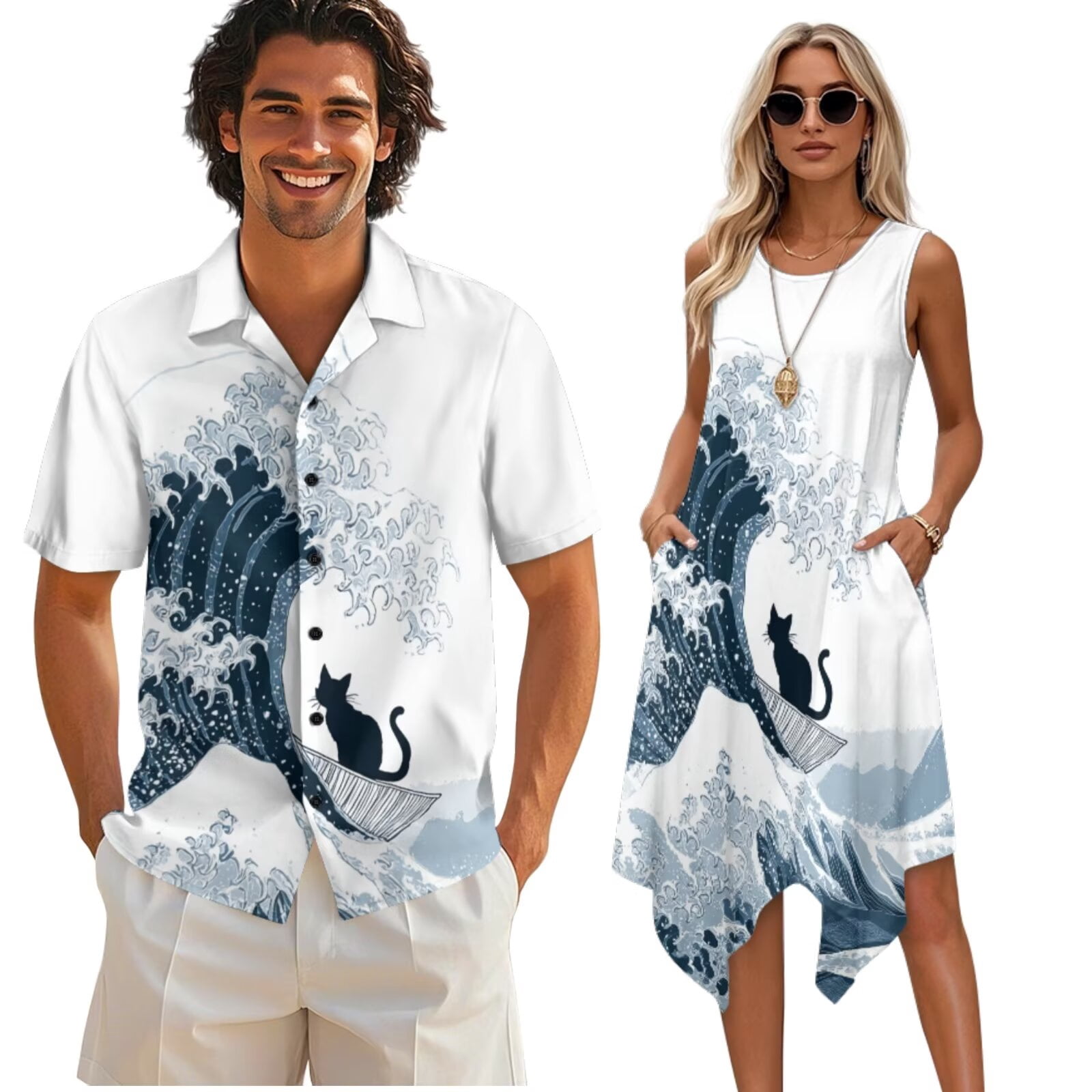 Psesaysky Black Cat Ocean Wave Sleeveless Sundresses for Women Summer ...