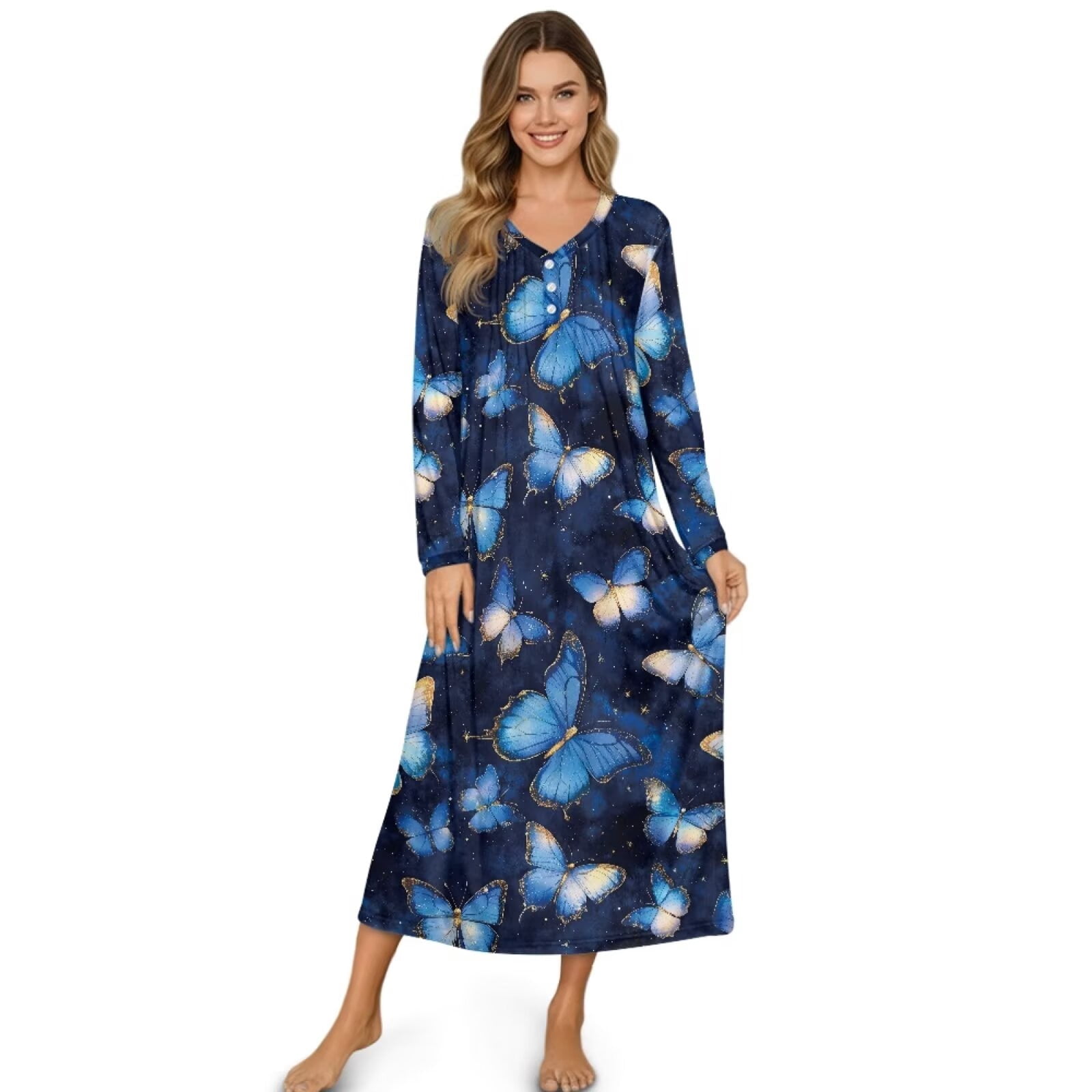 Psesaysky Blue Butterfly Print Warm Nightgowns for Women Soft Long ...