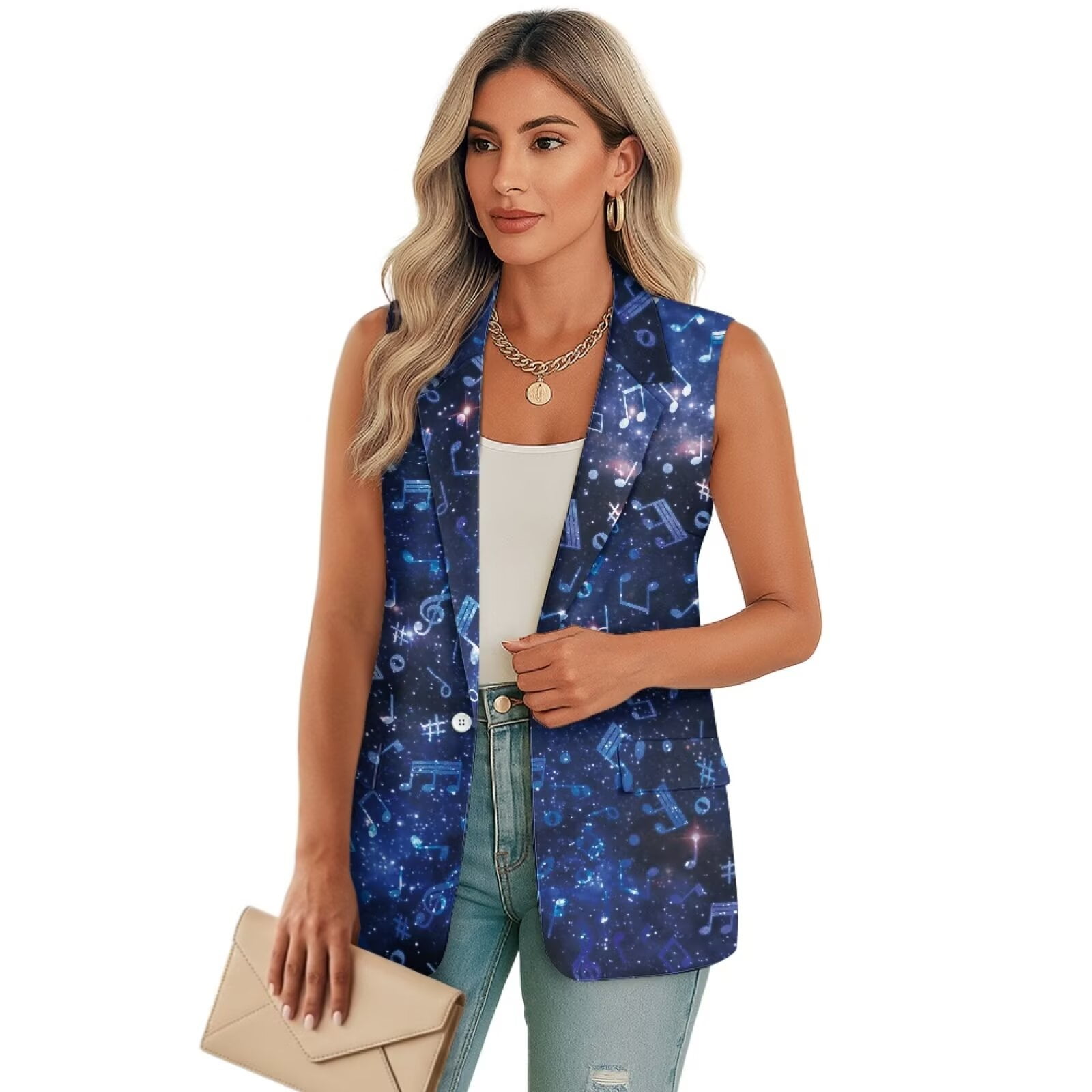 Psesaysky Blue Galaxy Music Notes Print Womens Casual Blazers Open ...