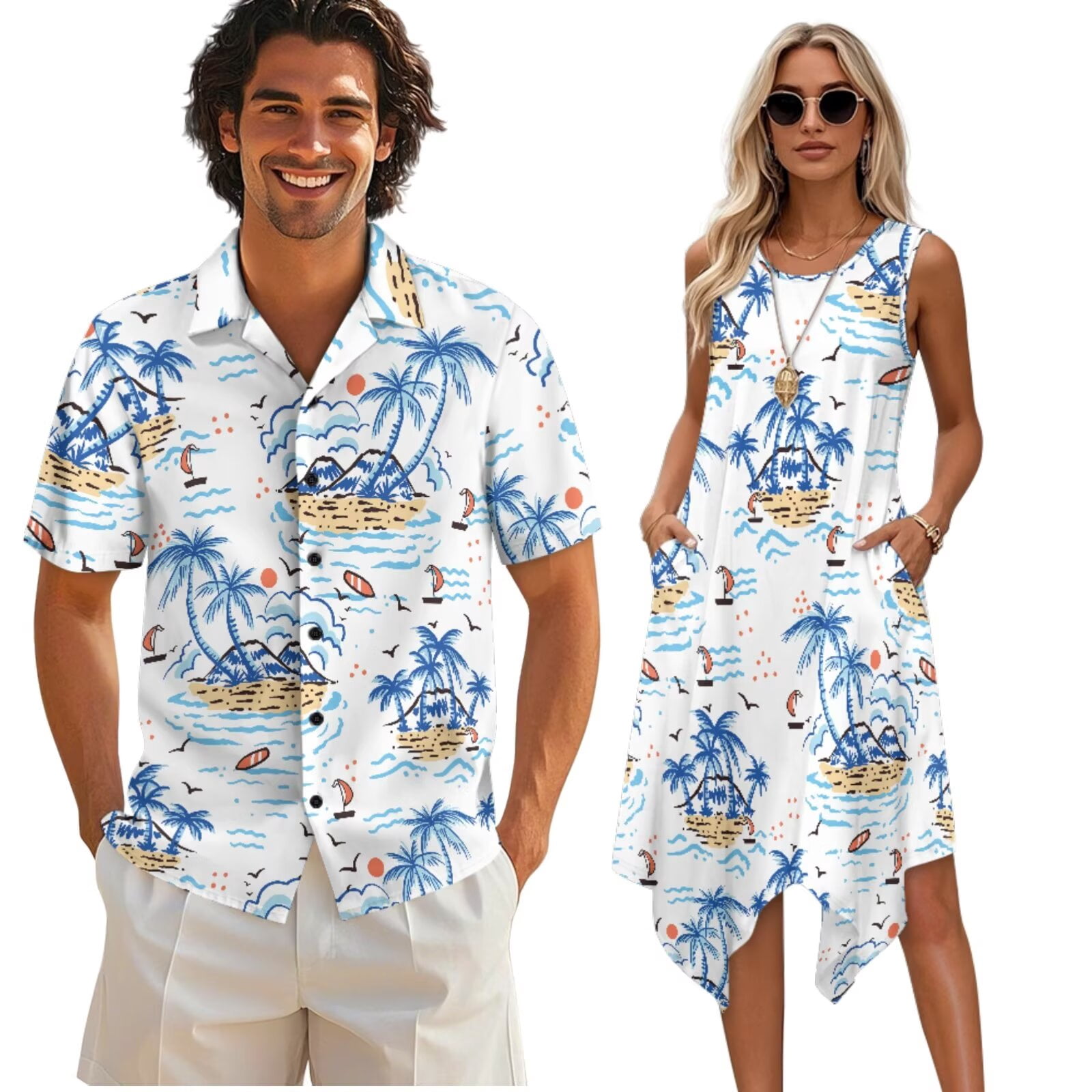 Psesaysky Blue Palm Tree Ocean Sleeveless Sundress with Shirts,Womens ...