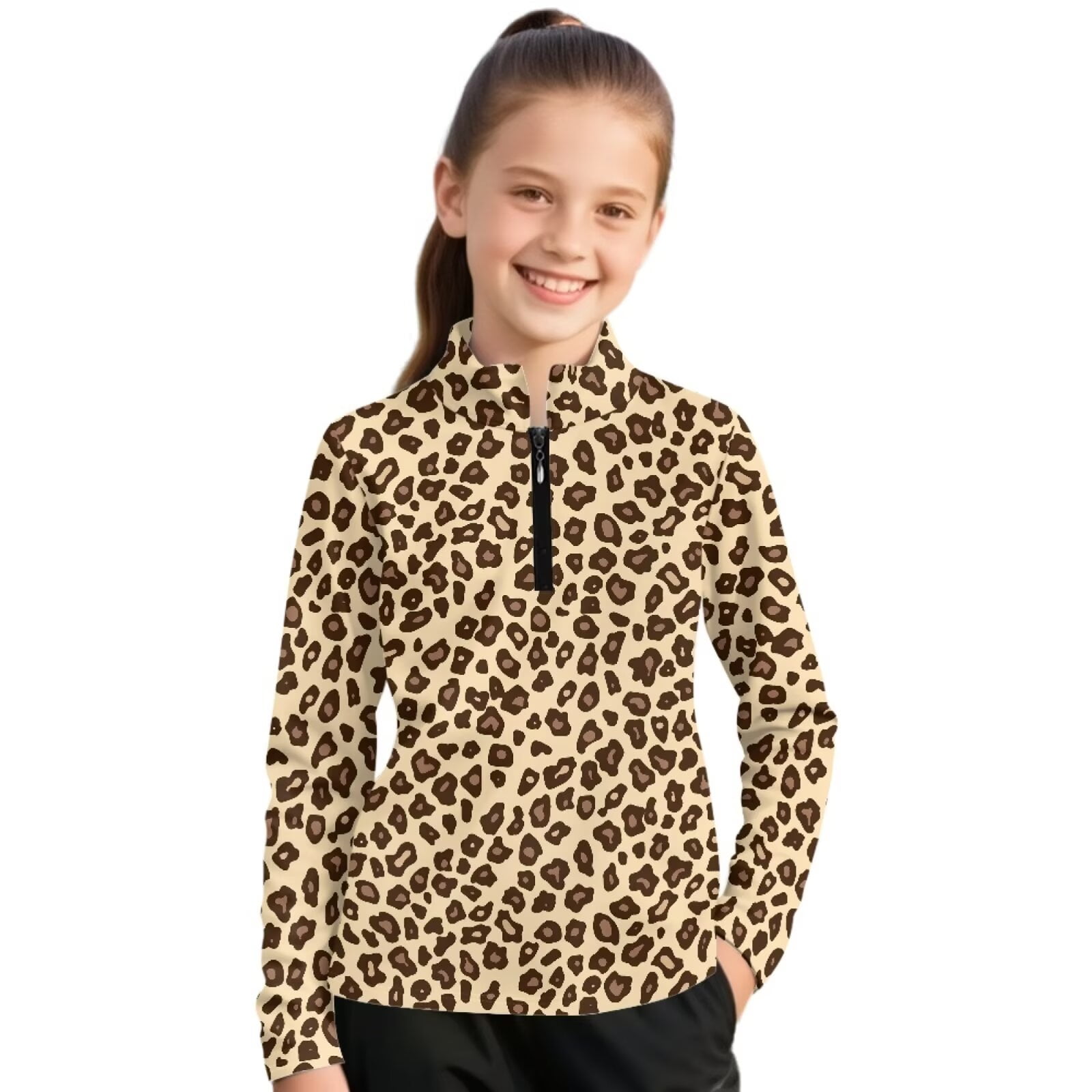 Psesaysky Brown Leopard Print Girls Fashion Shirts Long Sleeve 1/4 Zip ...