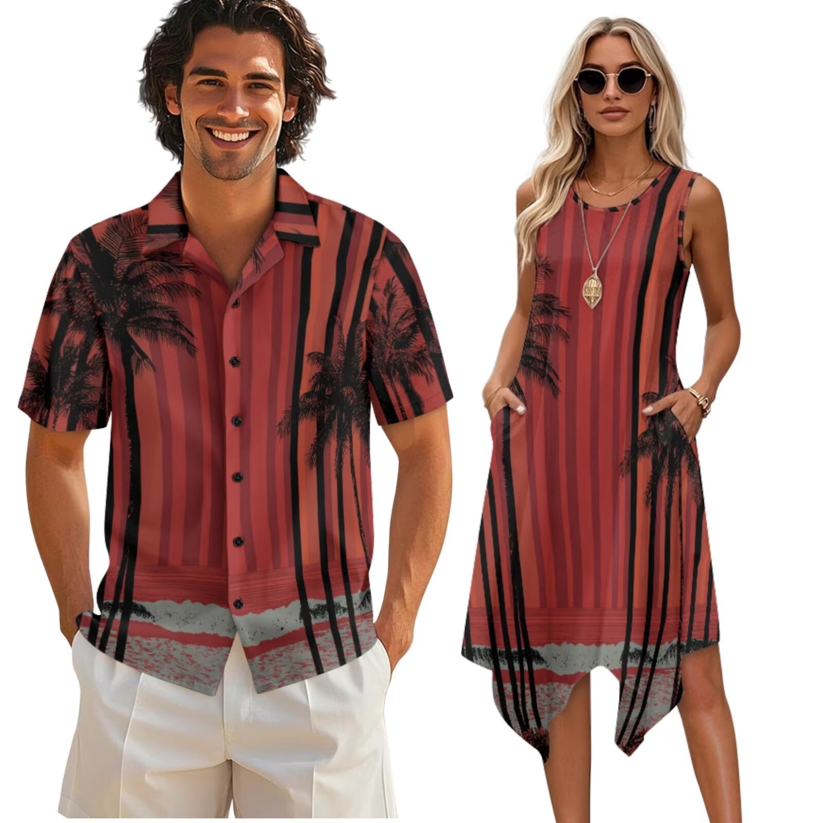 Psesaysky Couple Matching Outfit Red Palm Print Womens Mini Dress or ...