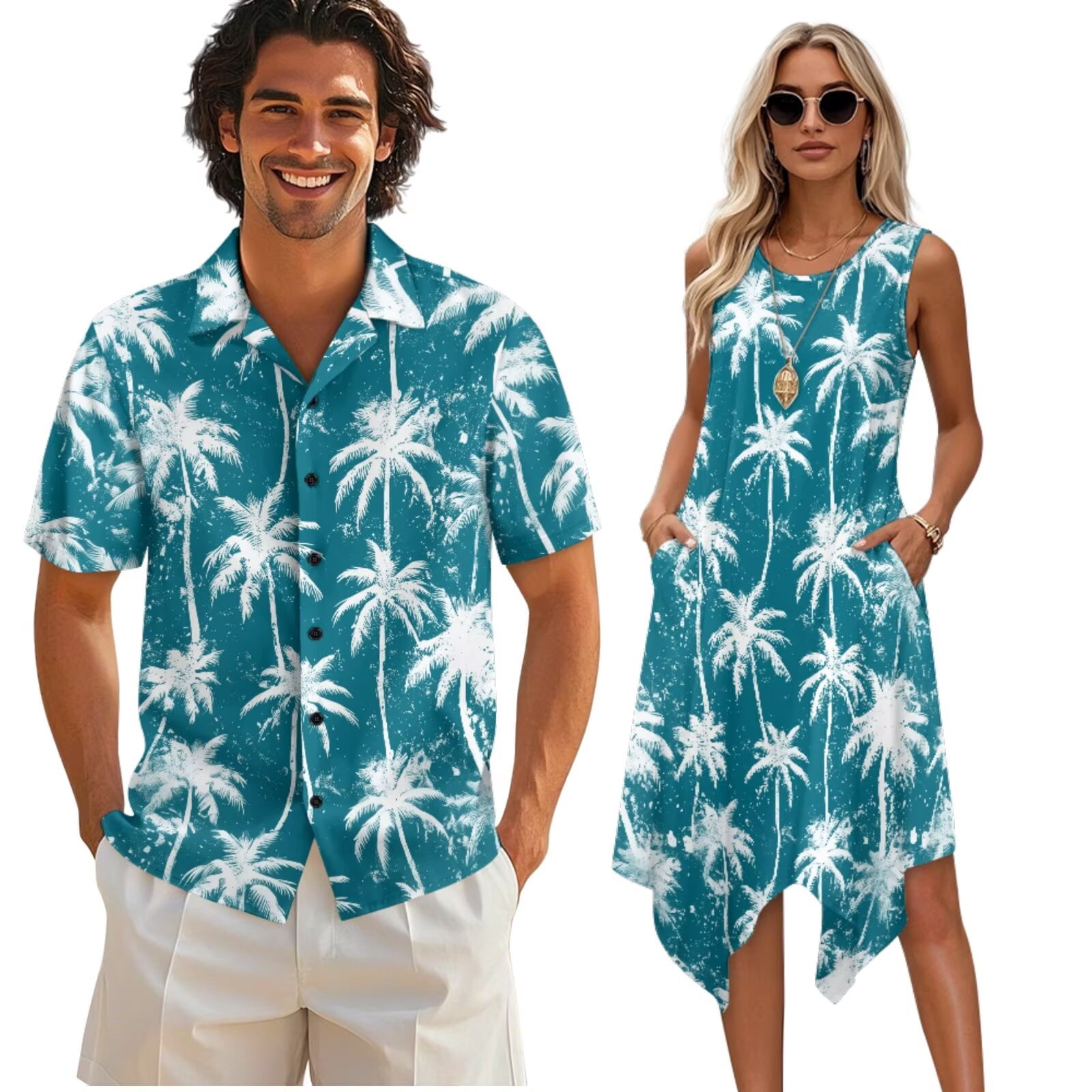 Psesaysky Couples Hawaiian Outfits Matching Sets Blue Palm Dress for ...