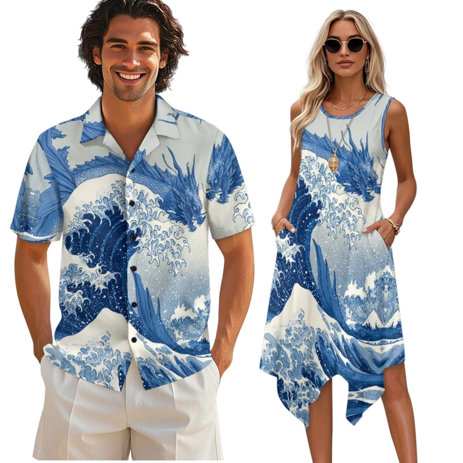 Psesaysky Dragon Ocean Wave Print Mens T-Shirts Summer Dress for Women ...