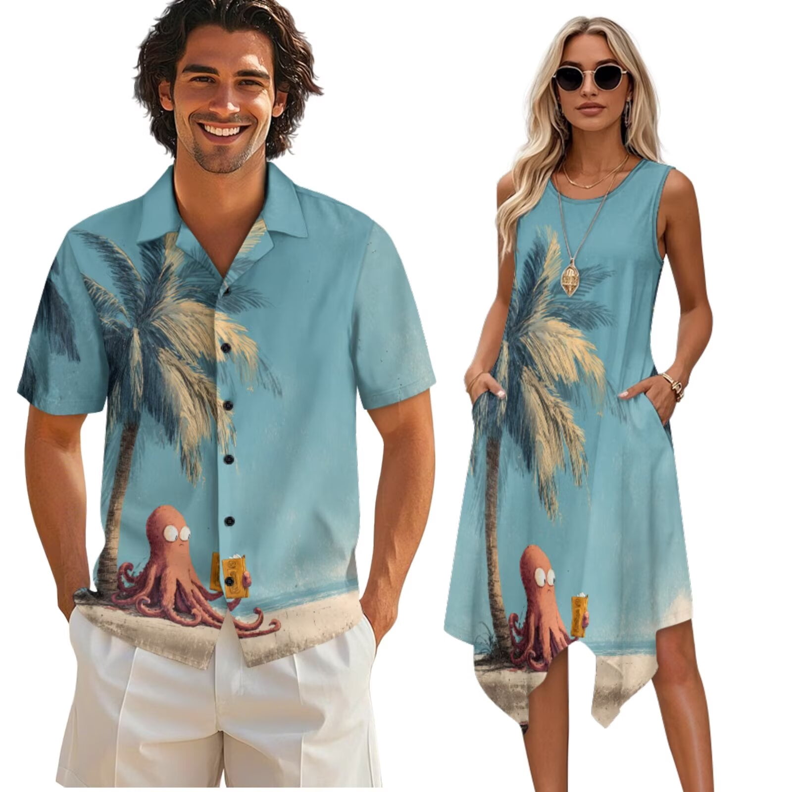 Psesaysky Funny Octopus Print Midi Dress for Women Blue Palm Tree ...