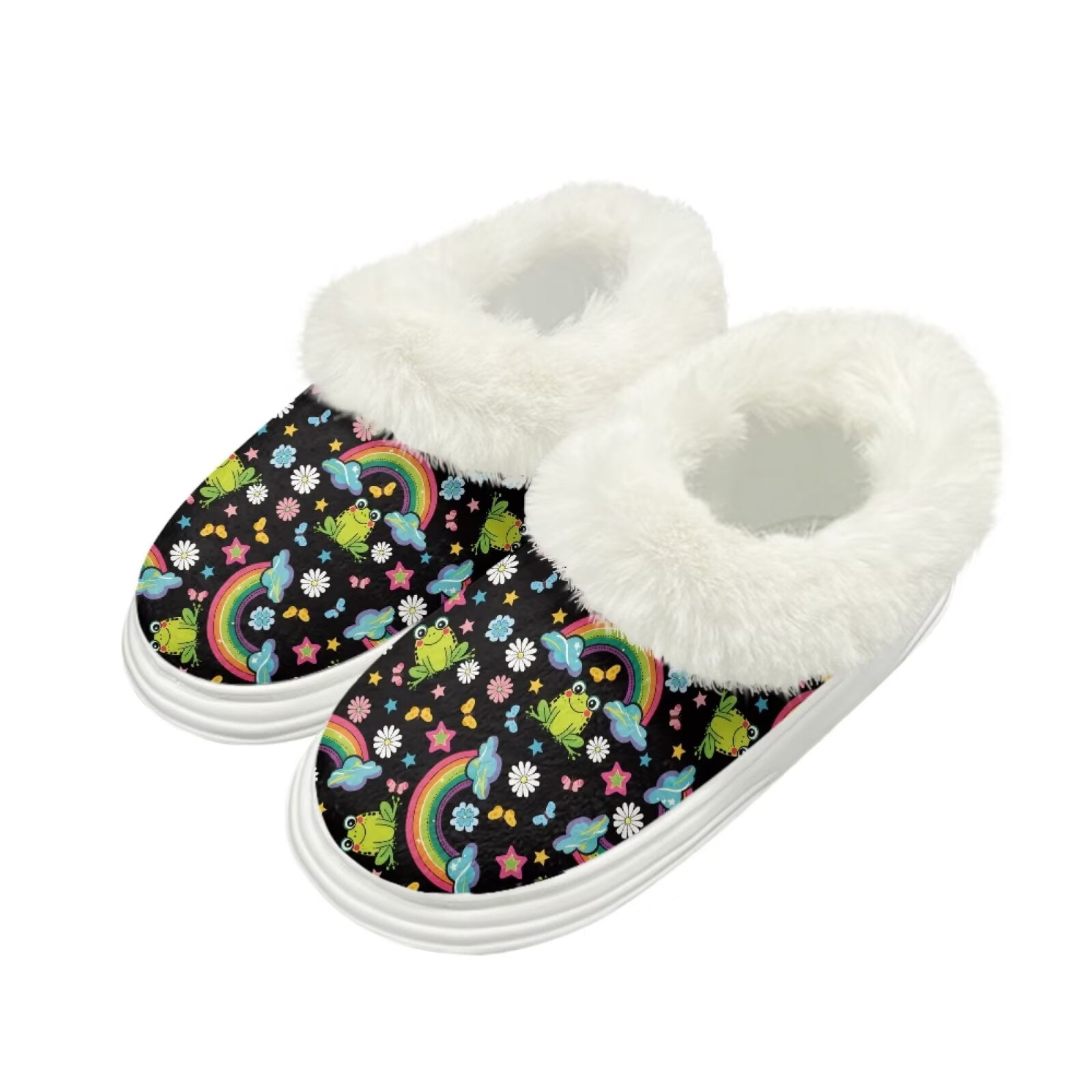 Psesaysky Fuzzy Platform Slippers for Women with Cute Frog Rainbow ...