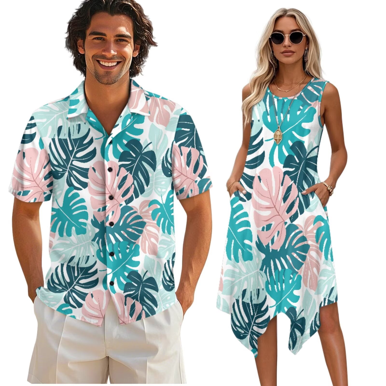 Psesaysky Matchable Couple Outfit Hawaii Palm Print Sleeveless Midi ...