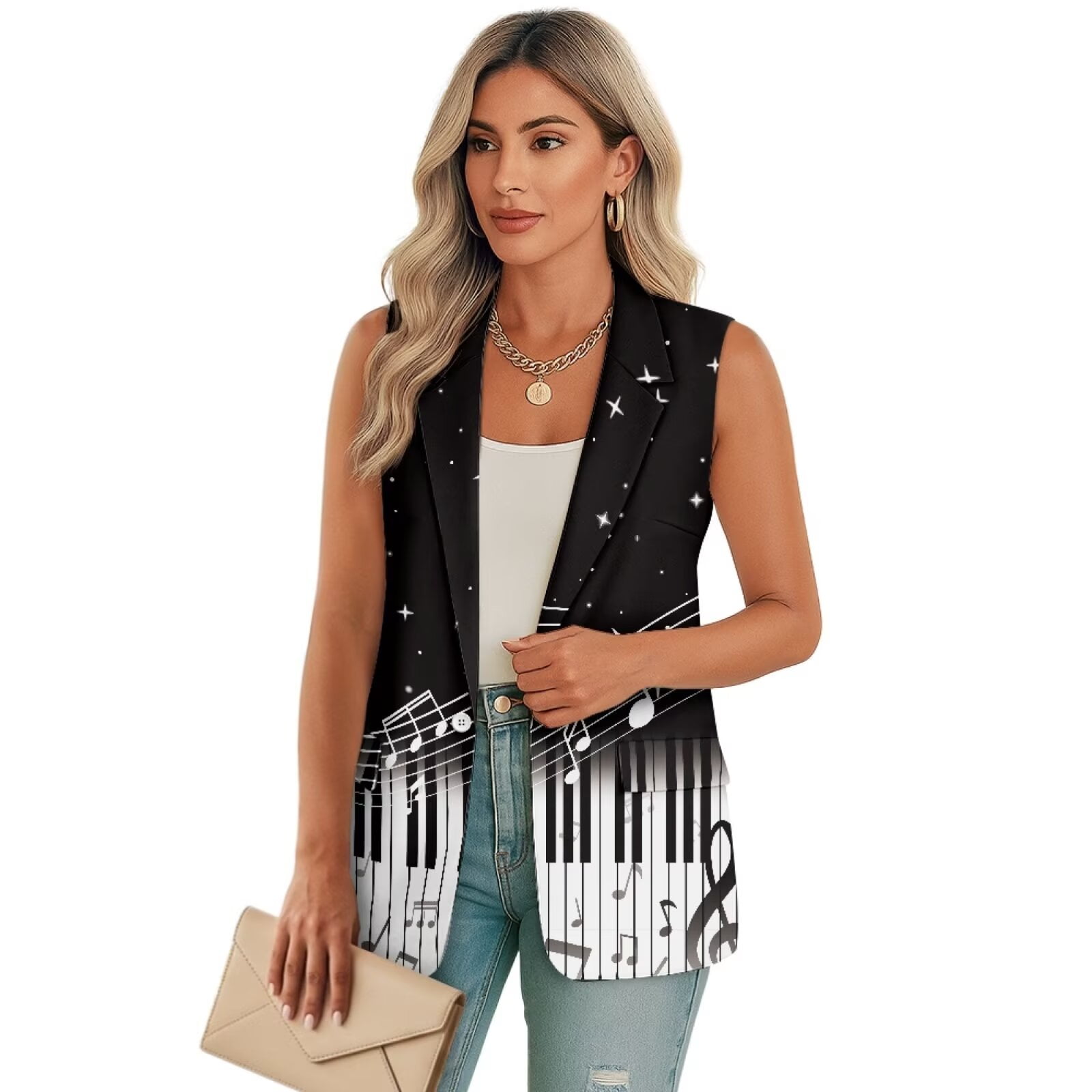 Psesaysky Music Piano Keyboard Print Blazer Vest Tops for Women ...