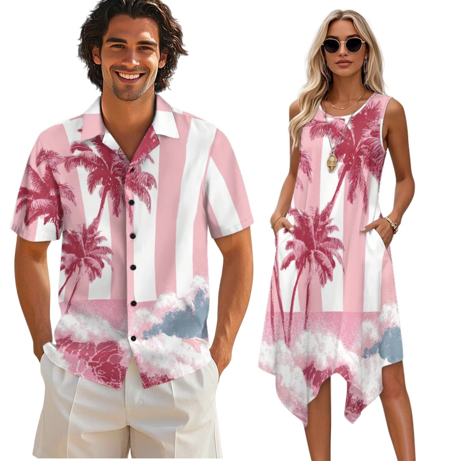 Psesaysky Pink Palm Tree Couples Matching Outfit Print Great Wave Print ...