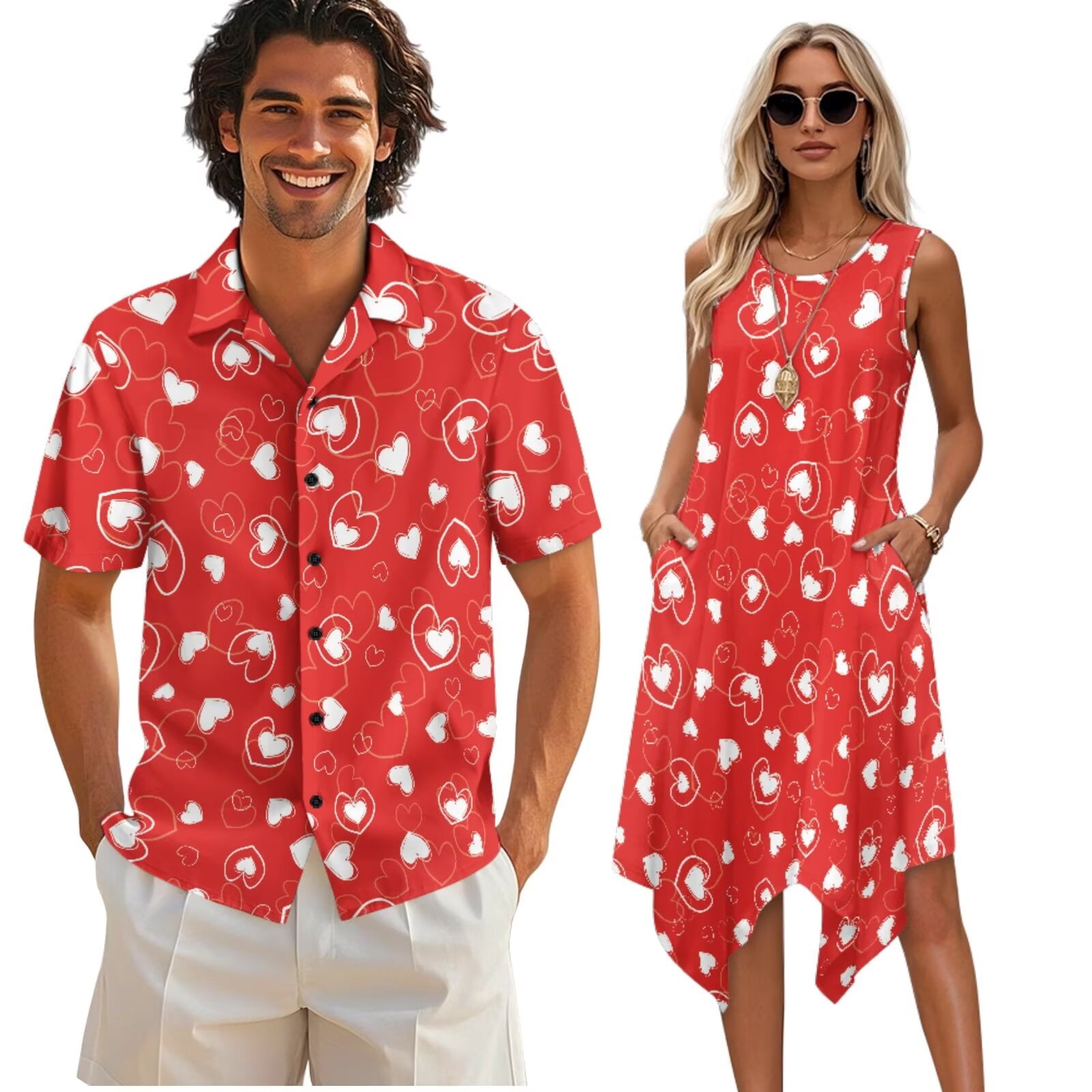 Psesaysky Red Heart Print Sleeveless Dress for Women Couples Matching ...